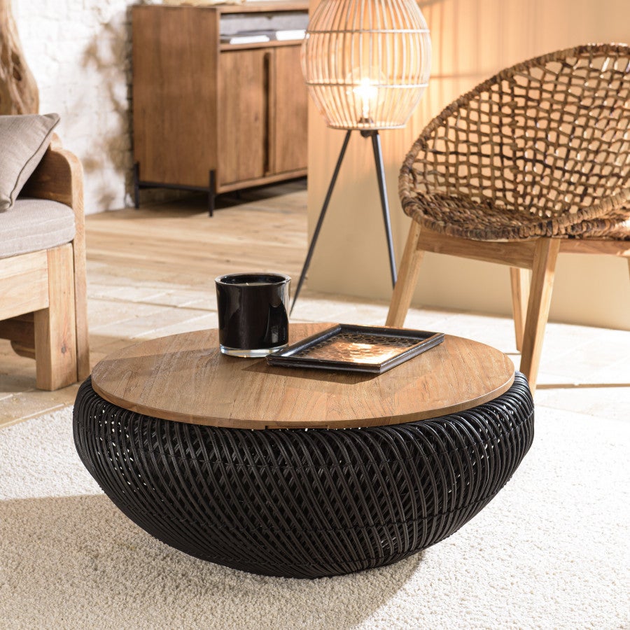 ALIDA - Table basse ronde 80x80cm en rotin noir plateau amovible ...