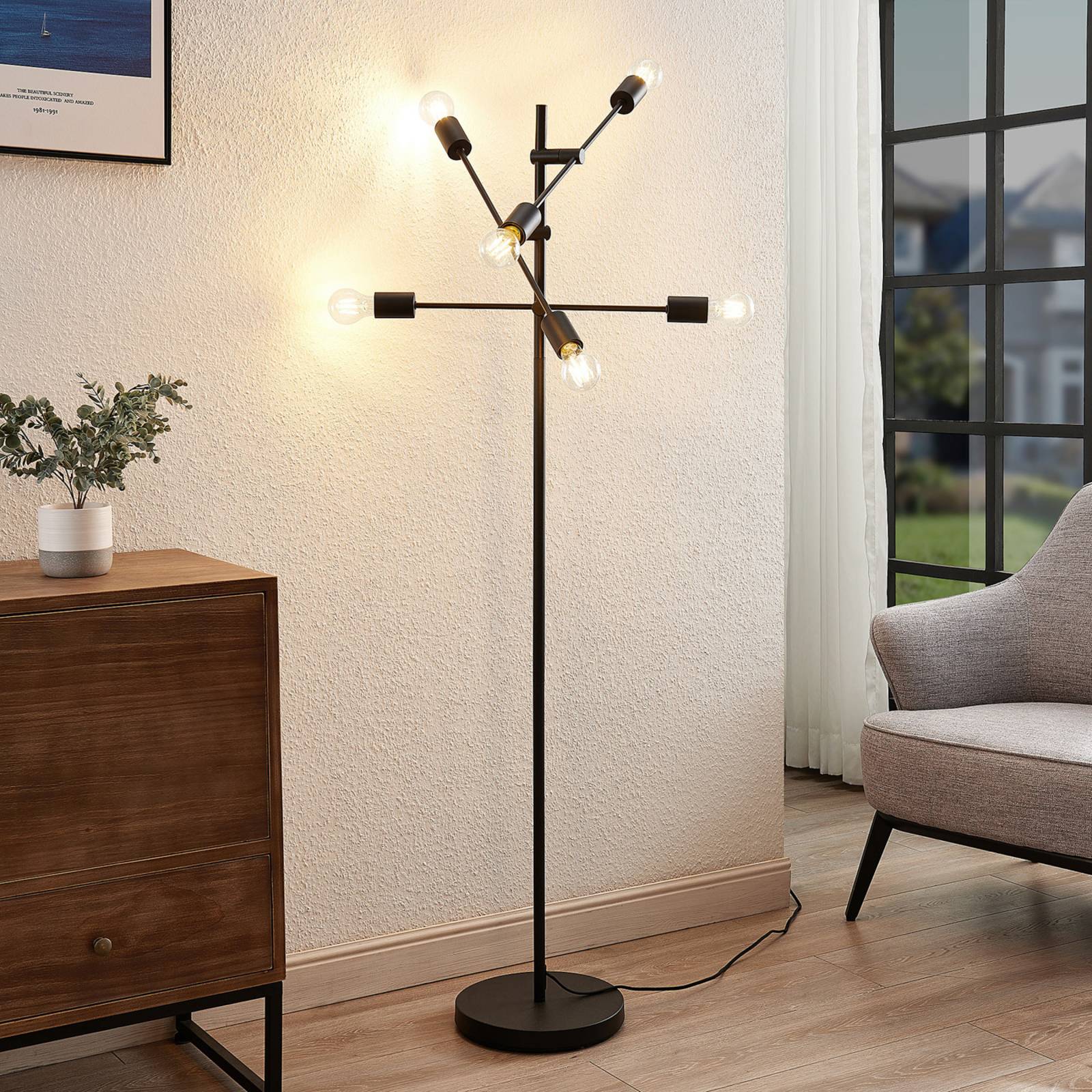 Lindby lampe sur pied Estar, noir, métal, 6 lampes, 150cm, Lampadaire ...