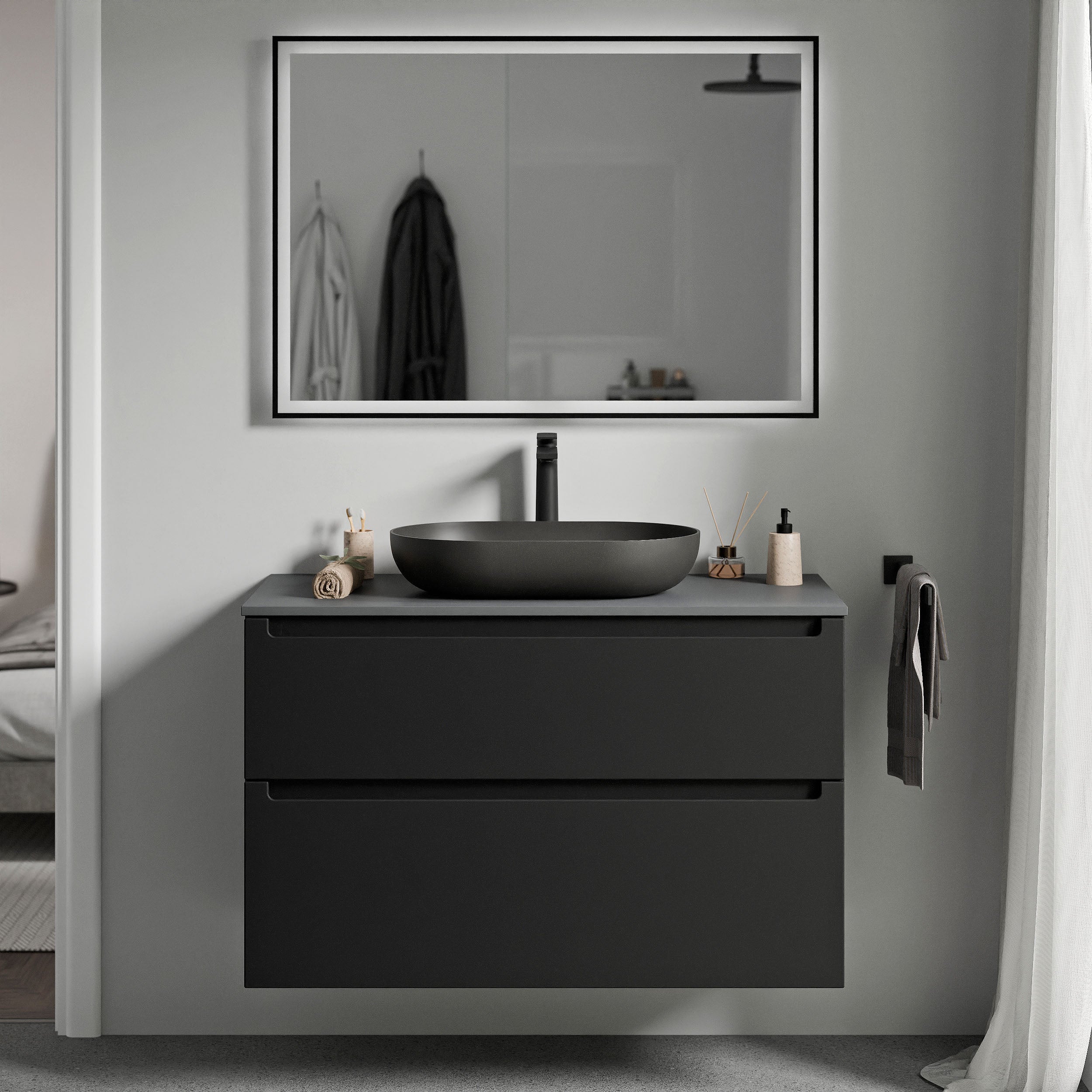 BERNSTEIN - Meuble sous vasque suspendu MDF Noir mat, plan vasque ...