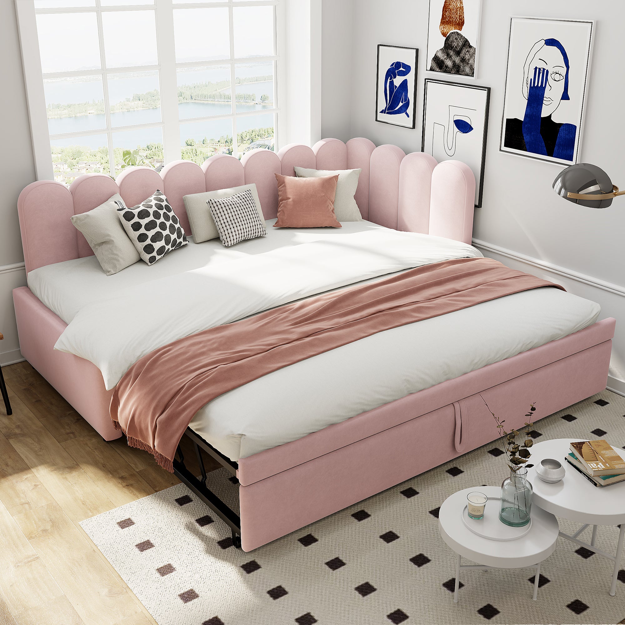 Canapé-lit en L 140‑180×200 cm en velours rose, lit gigogne, parfait ...
