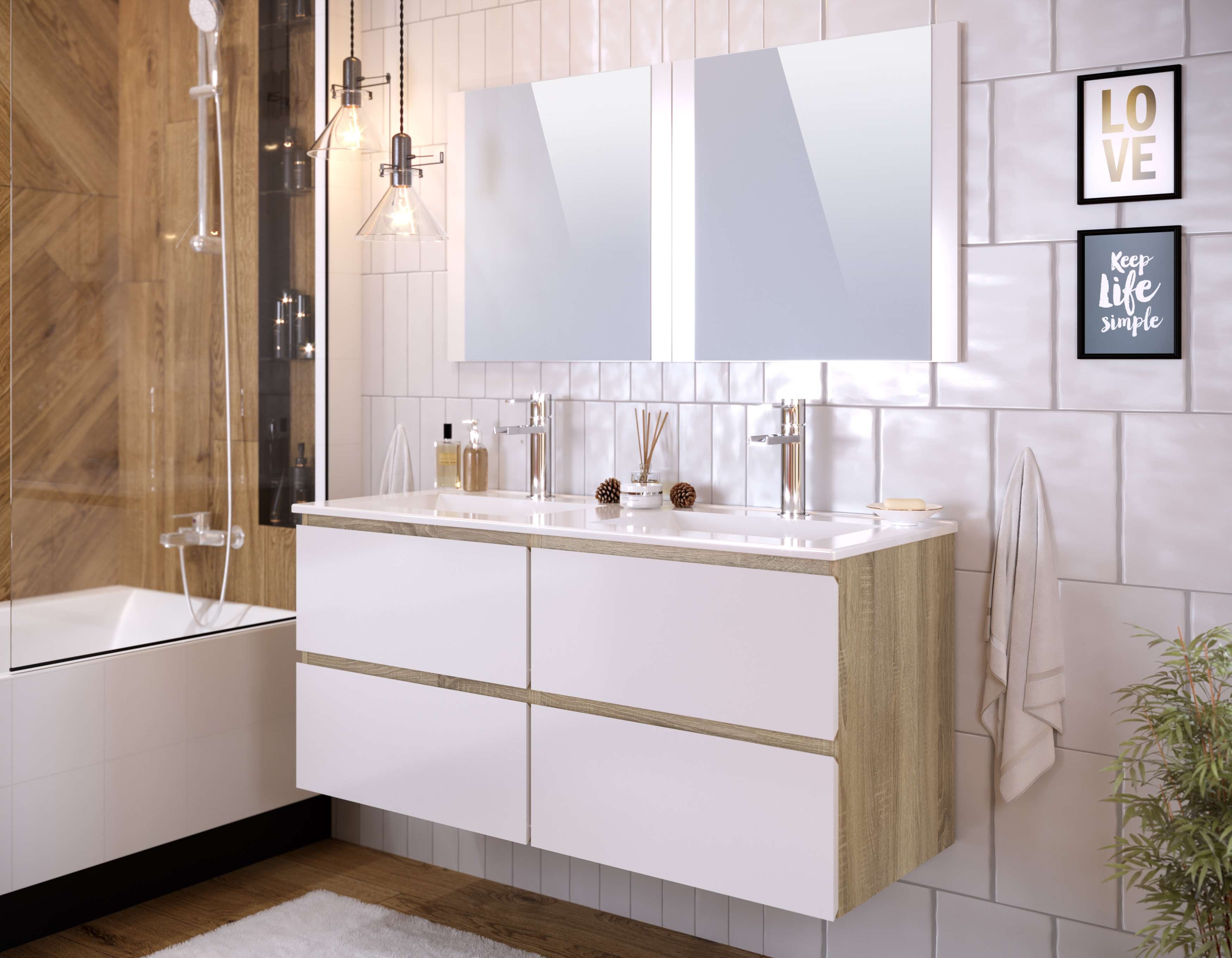 Mueble de baño 120 cm NELI 4 cajones roble y blanco T-BATH Incluye ...