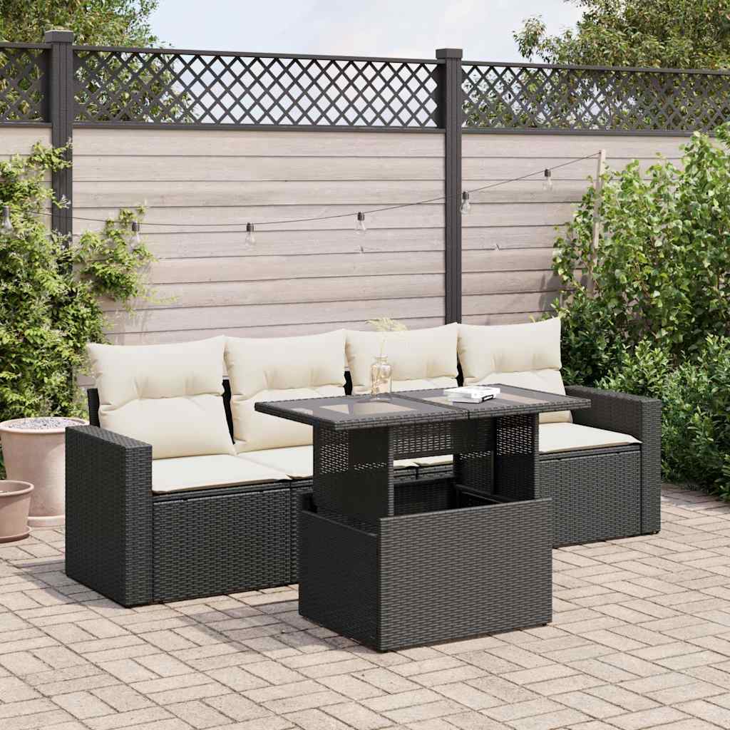 Set de muebles de jardín 5 piezas y cojines ratán sintético negro ...