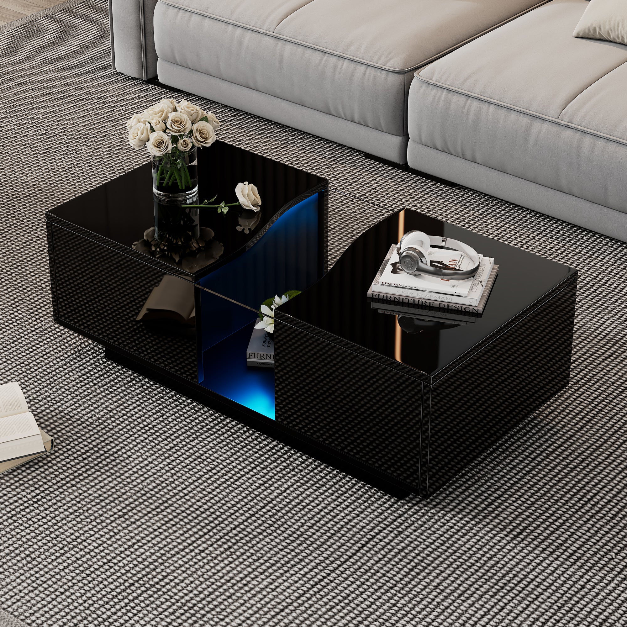 Table basse moderne avec 2 tiroirs, éclairage LED et plateau en ...
