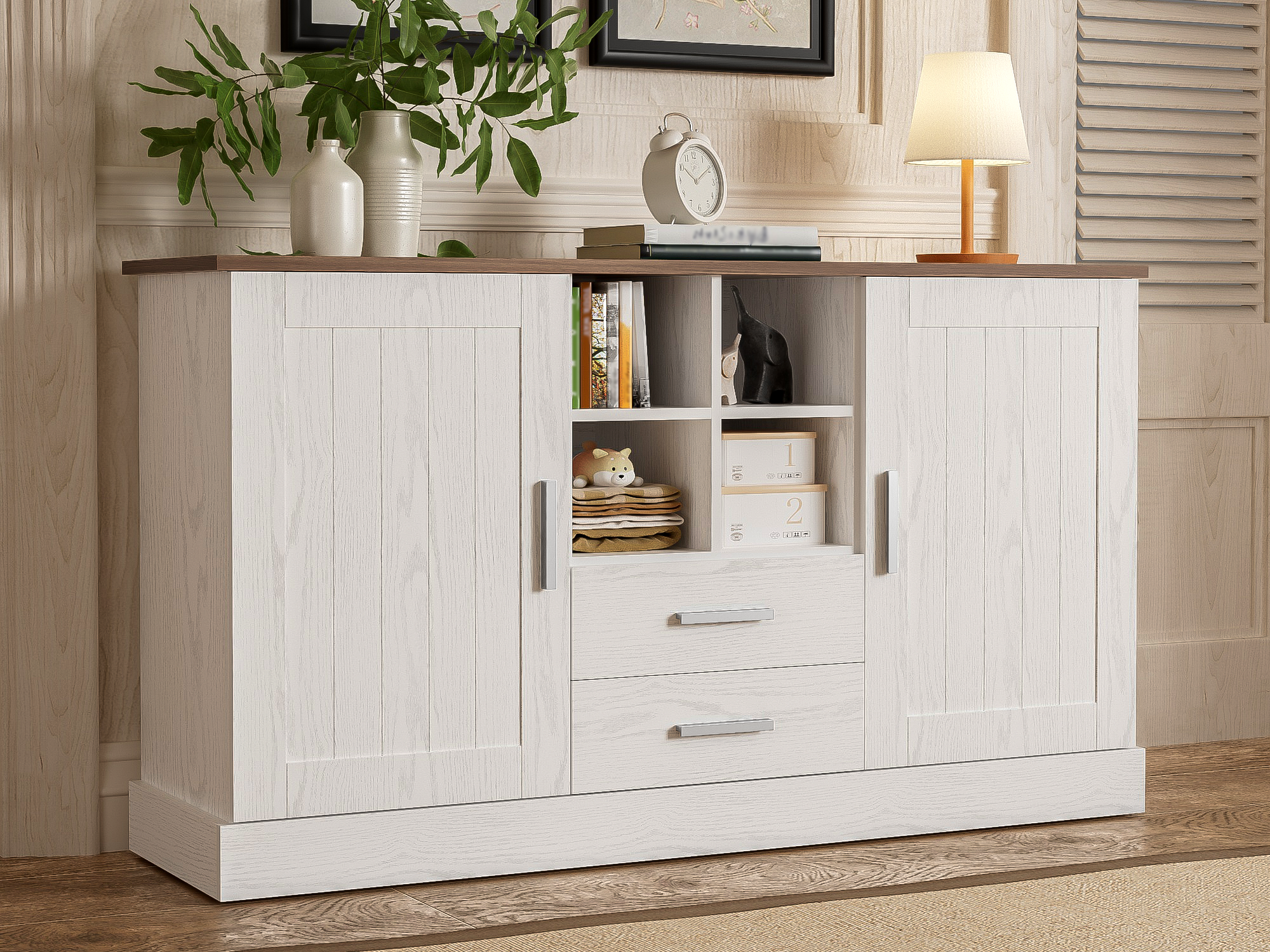 Buffet classique - avec 2 portes 2 tiroirs 4 compartiments - Blanc ...