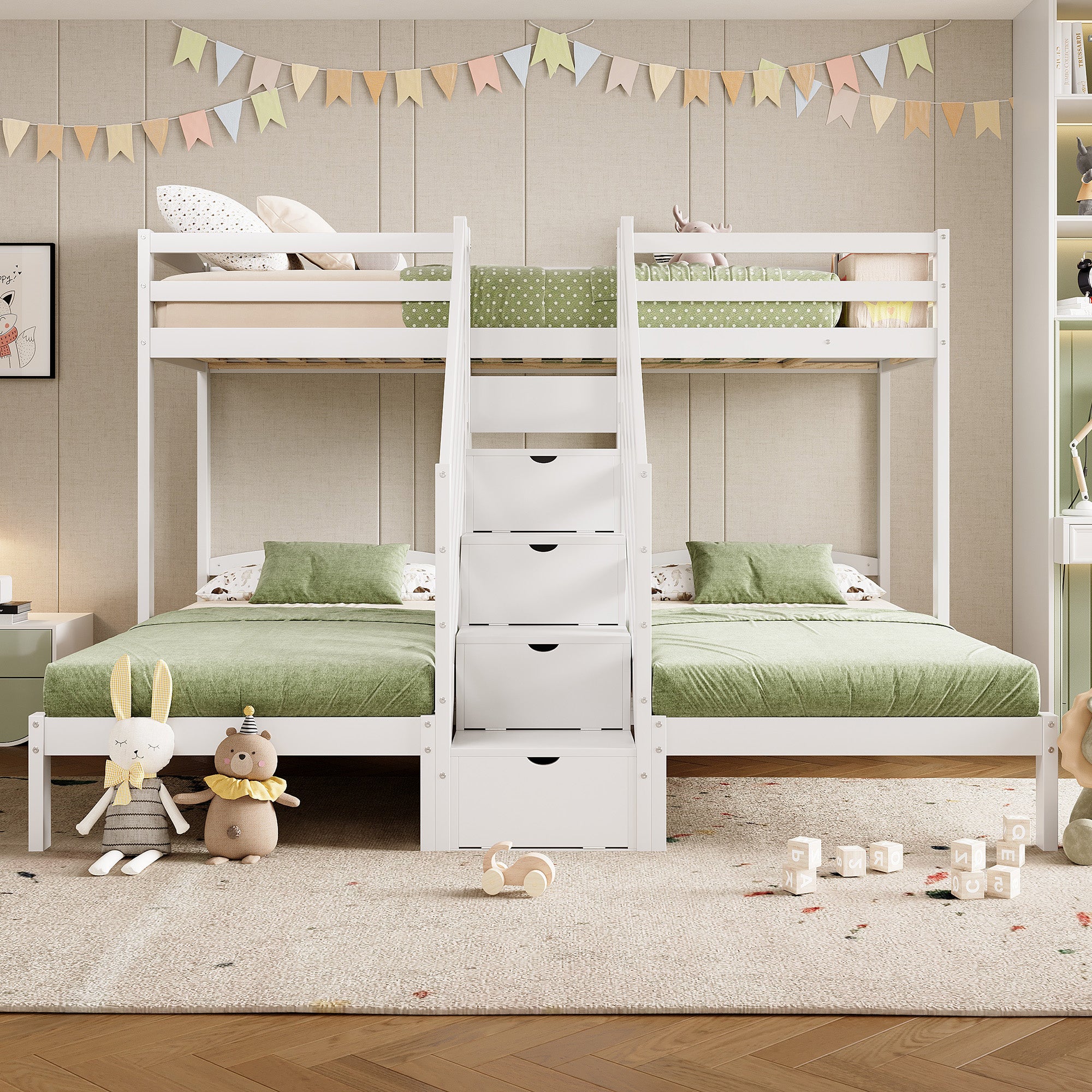 Lit superposés 3 x 90 x 200 cm avec tête de lit et 4 tiroirs - Bois de ...