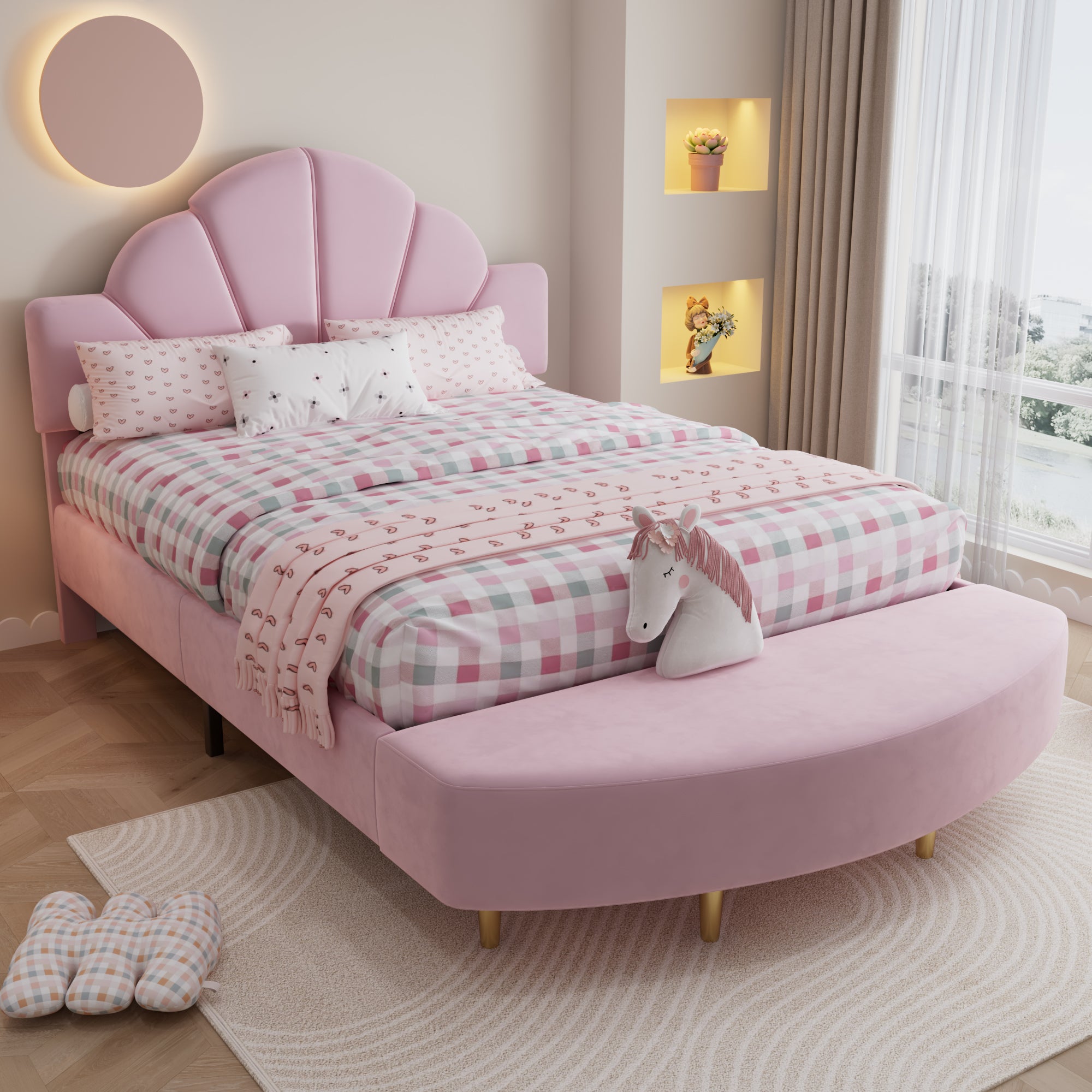 Ensemble Lit 140x200 cm en Velours Rose avec Banc Intégré - Tête de Lit ...