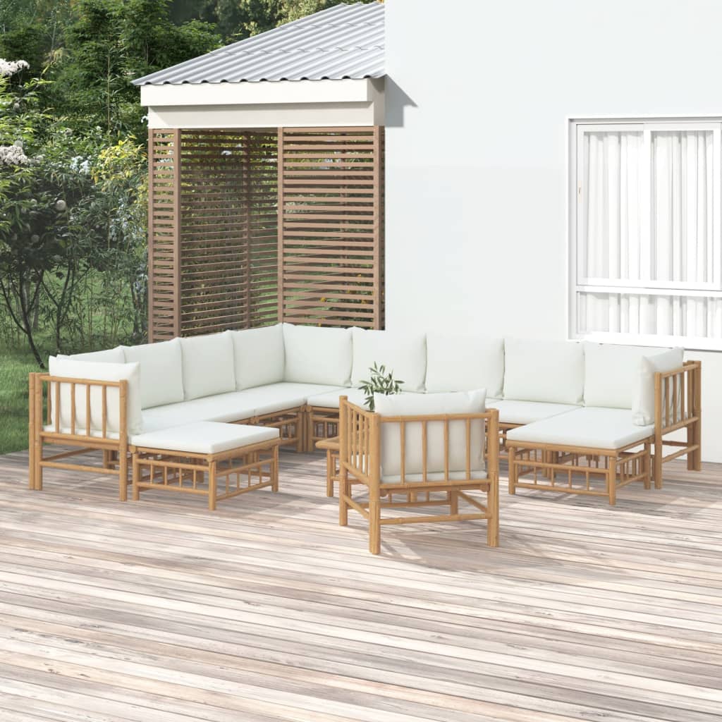 VidaXL Set de muebles de jardín 12 piezas bambú y cojines blanco crema ...
