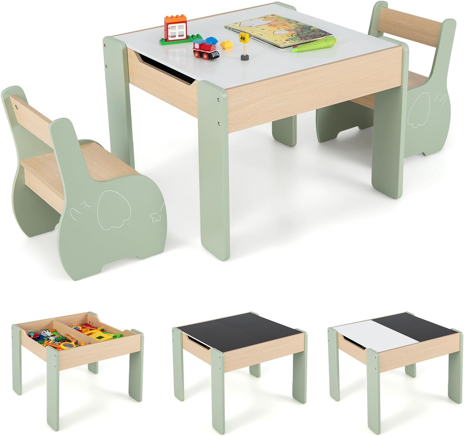 Ensemble Table et Chaises pour Enfants 3PCS, avec Plateau Rabattable, Dossier Ergonomique, 4-en ...