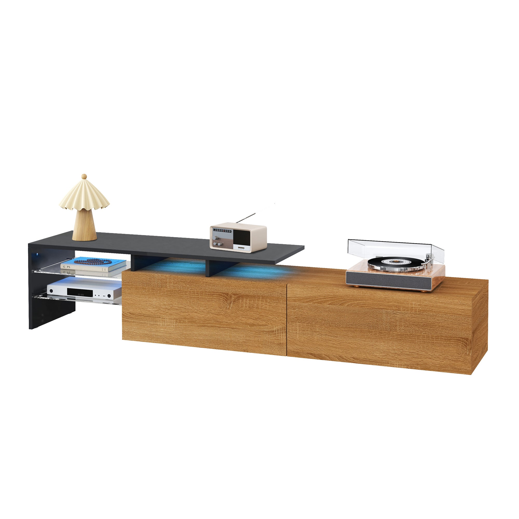 Commode TV Design Moderne - Noir, Optique Bois, Plateau Verre, LED ...