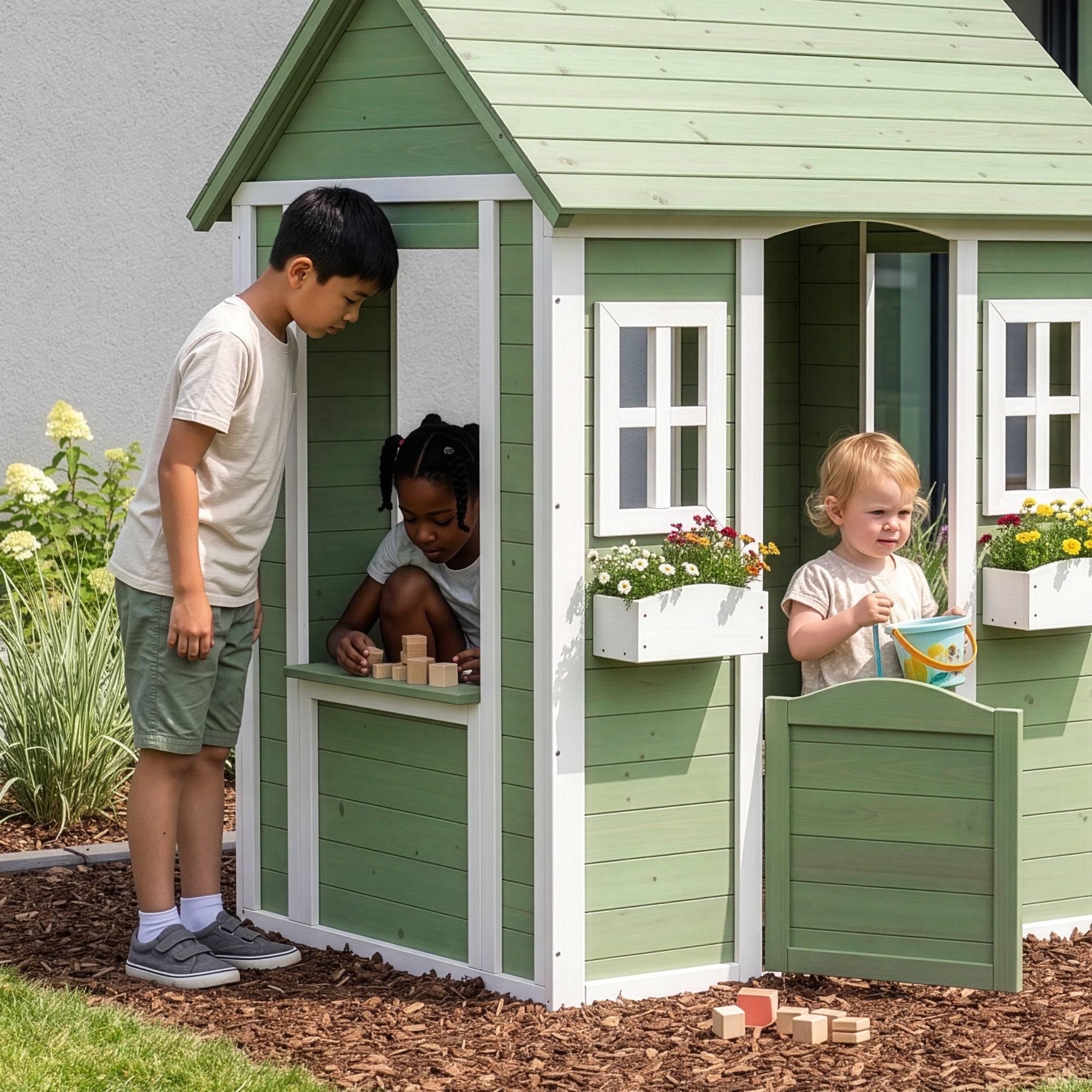 Casita infantil Kuoldsvin madera de abeto 144x102x90cm - Verde/Blanco ...