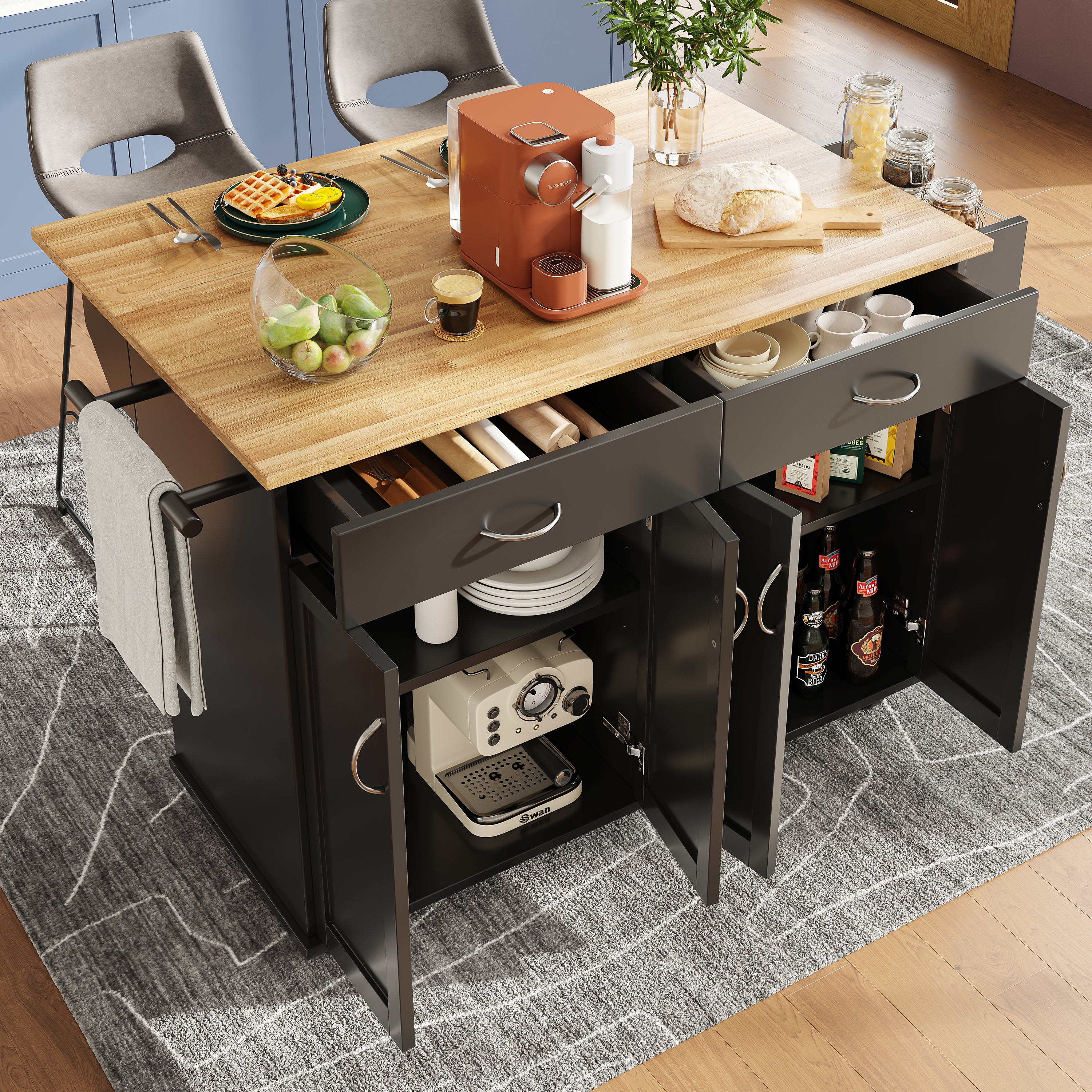 Îlot de Cuisine Modulable 106×50×90 cm Noir avec Plateau Rabattable – Table Multifonction ...