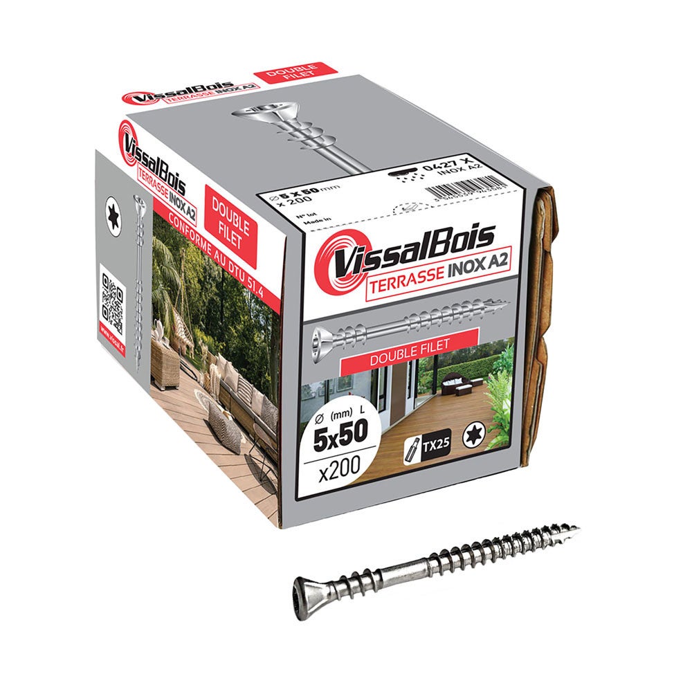 Boite 200 vis terrasse 5 X 50mm double filetage inox A2 - Vissal ...