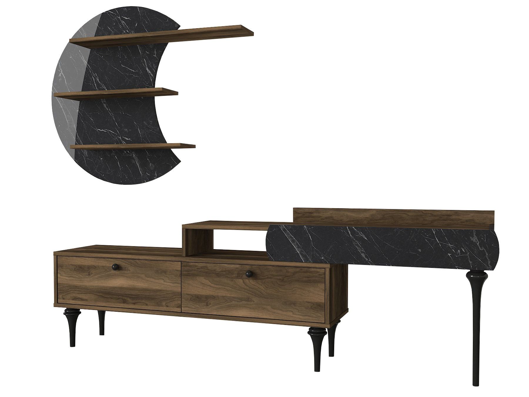 Ensemble meuble TV et étagère Callisto Bois et Effet Marbre Noir ...