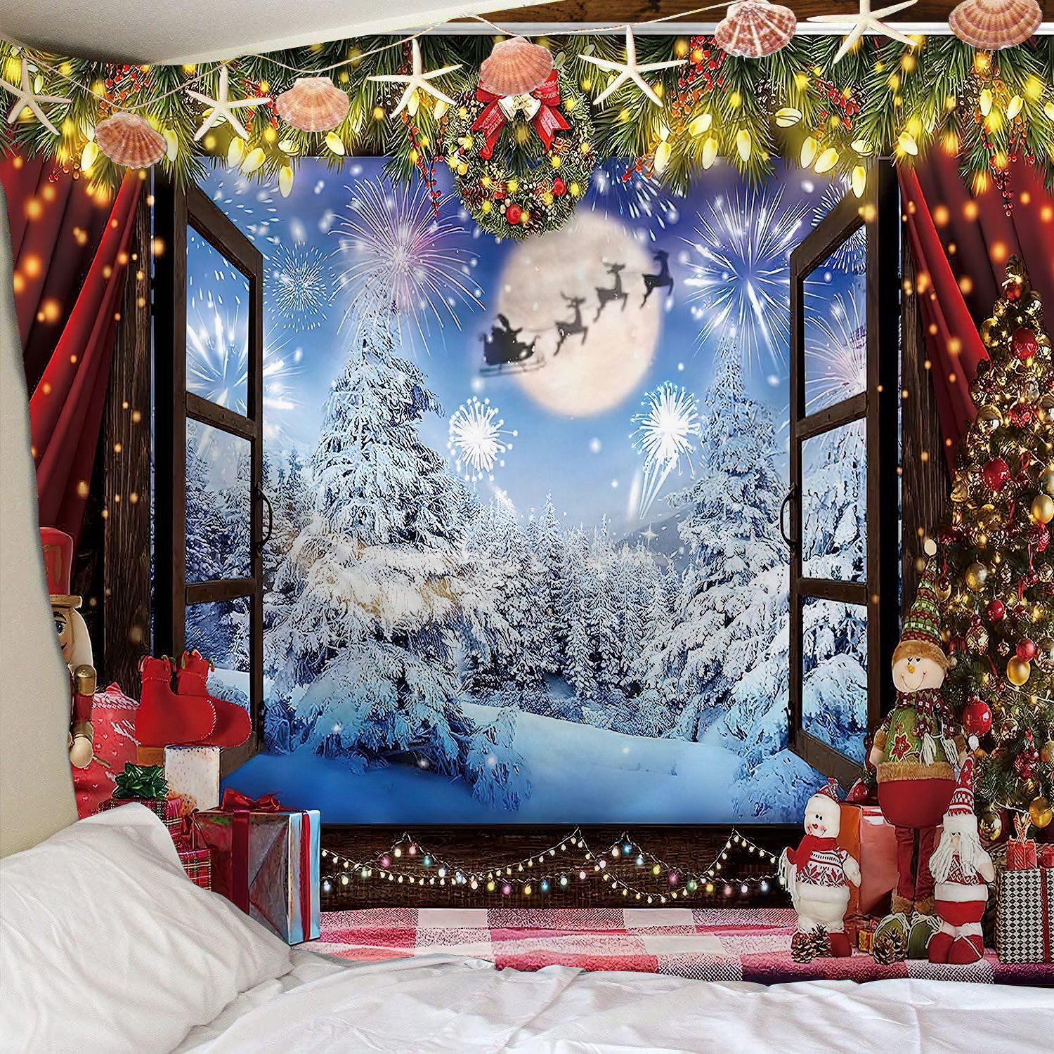 Toile de fond de Noël 230 x 150 cm, scène de neige d'hiver, fenêtre ...