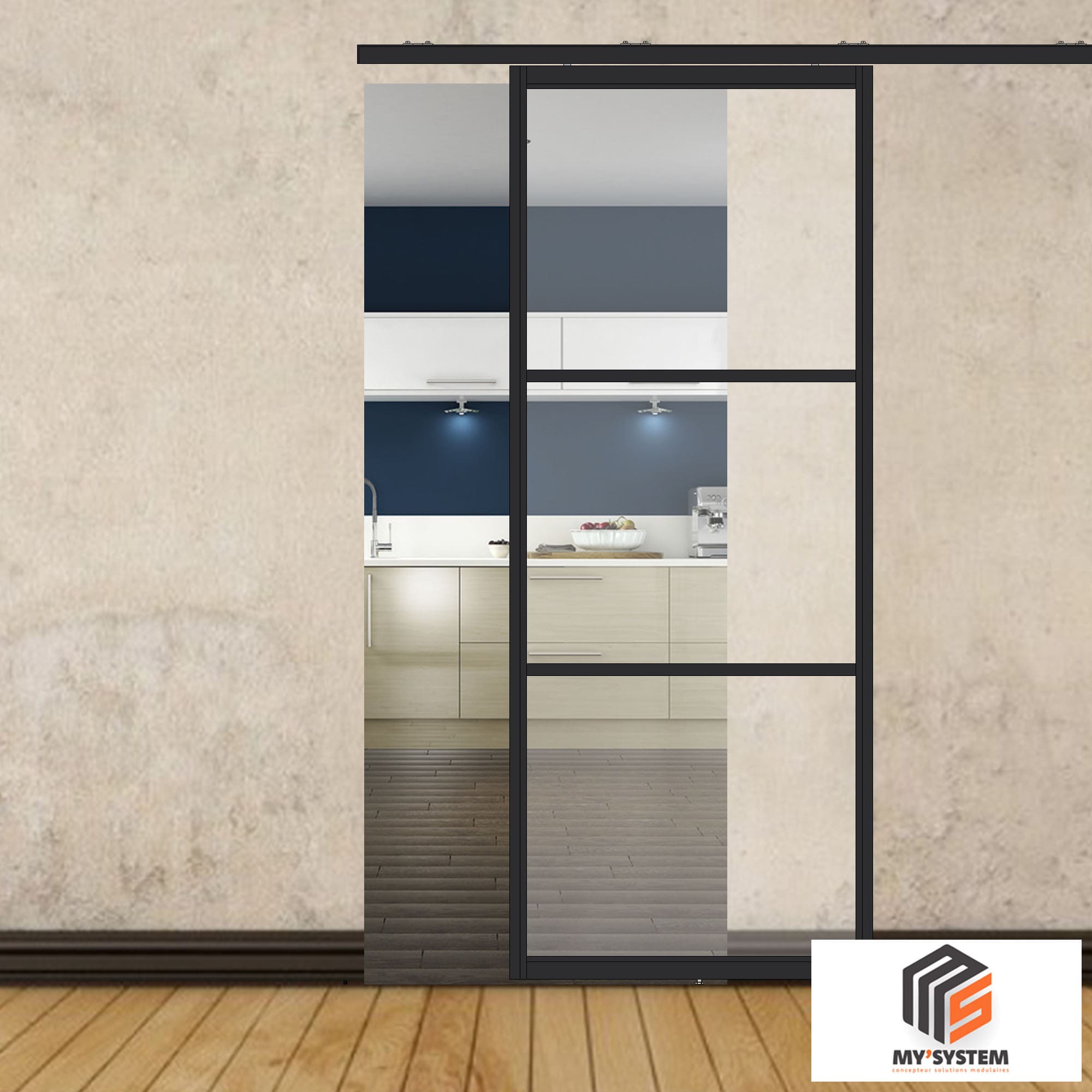 PORTE SIMPLE COULISSANTE DROITE H2088 - L867 mm - 3 VERRES HORIZONTAUX ...