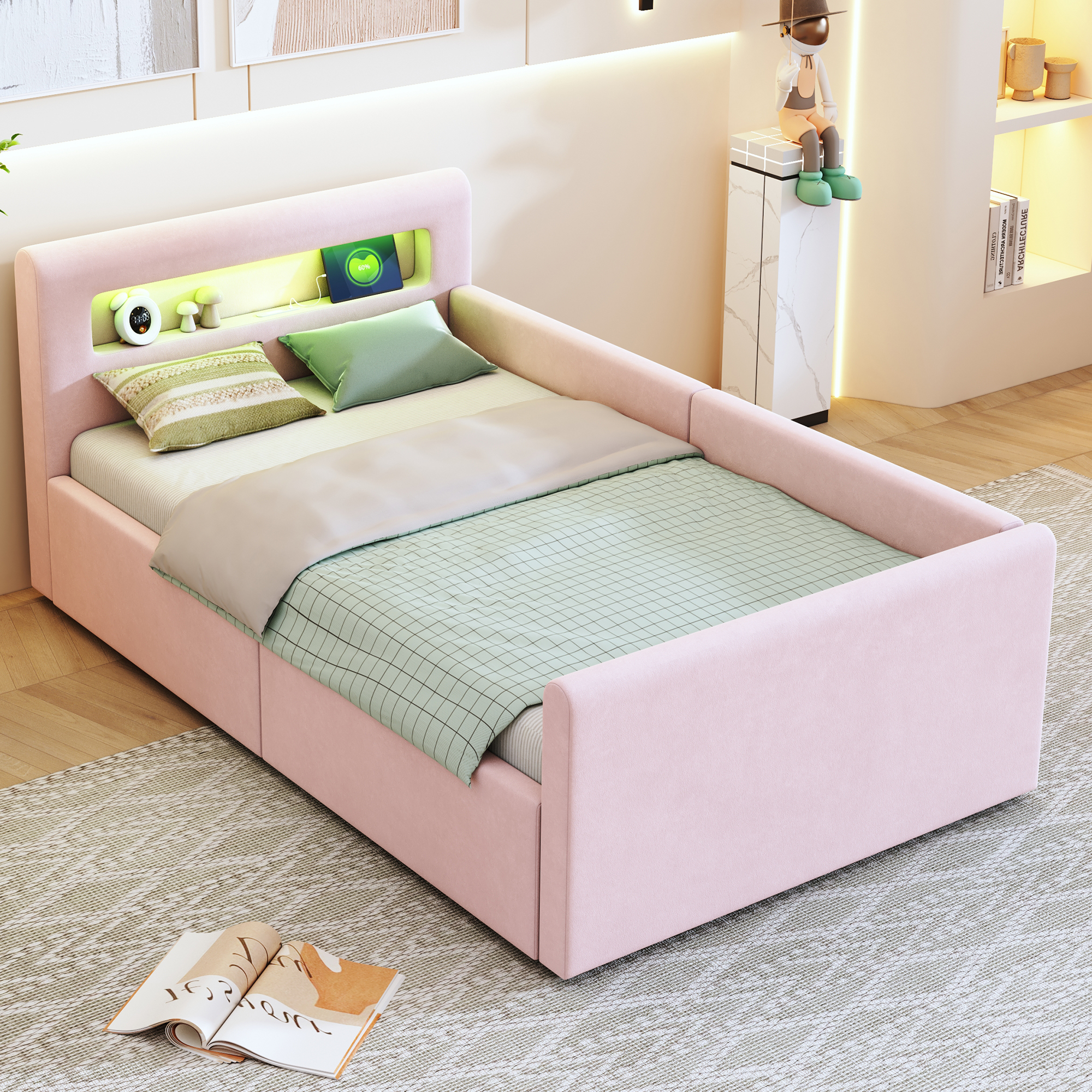 Cama infantil acolchada 90 x 200 cm - Iluminación LED, luz nocturna ...