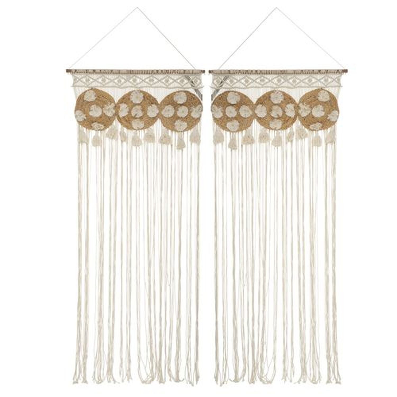 Lot de 2 Rideaux de fils détails macramé et pompons - 90 x 200 cm ...