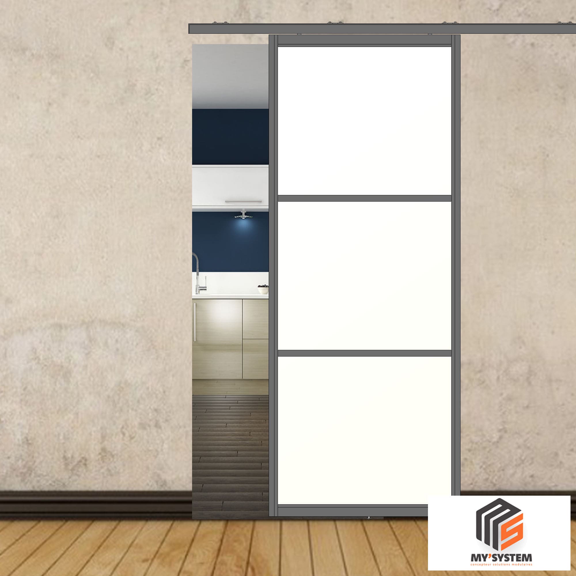 PORTE SIMPLE COULISSANTE DROITE H2088 - L867 mm - 3 VERRES HORIZONTAUX ...