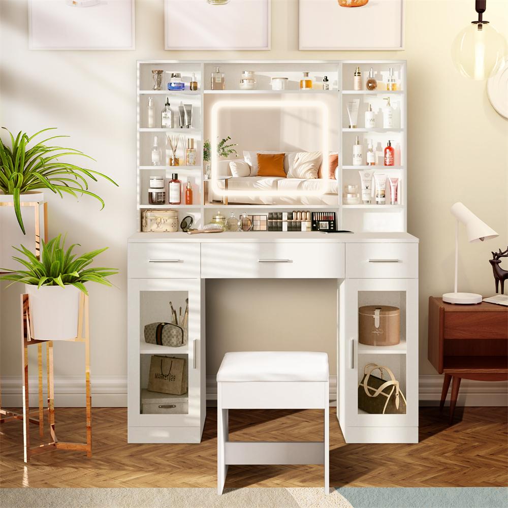 Coiffeuse LED avec Miroir Coulissant, 5 Tiroirs et Tabouret de ...