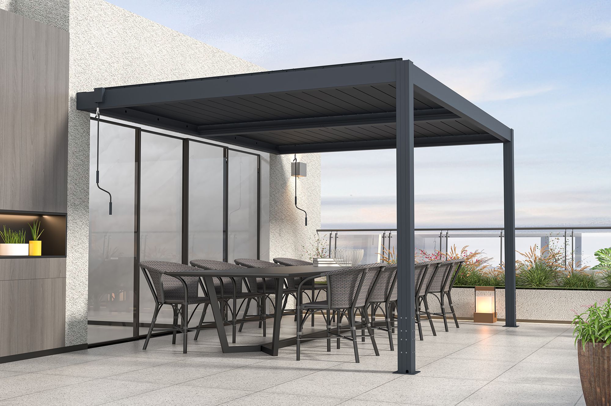 Pergola Bioclimatique SANTA 4x3 m adossée aluminium gris | Leroy Merlin Pergola Bioclimatique SANTA 4x3 m adossée aluminium gris | Leroy Merlin