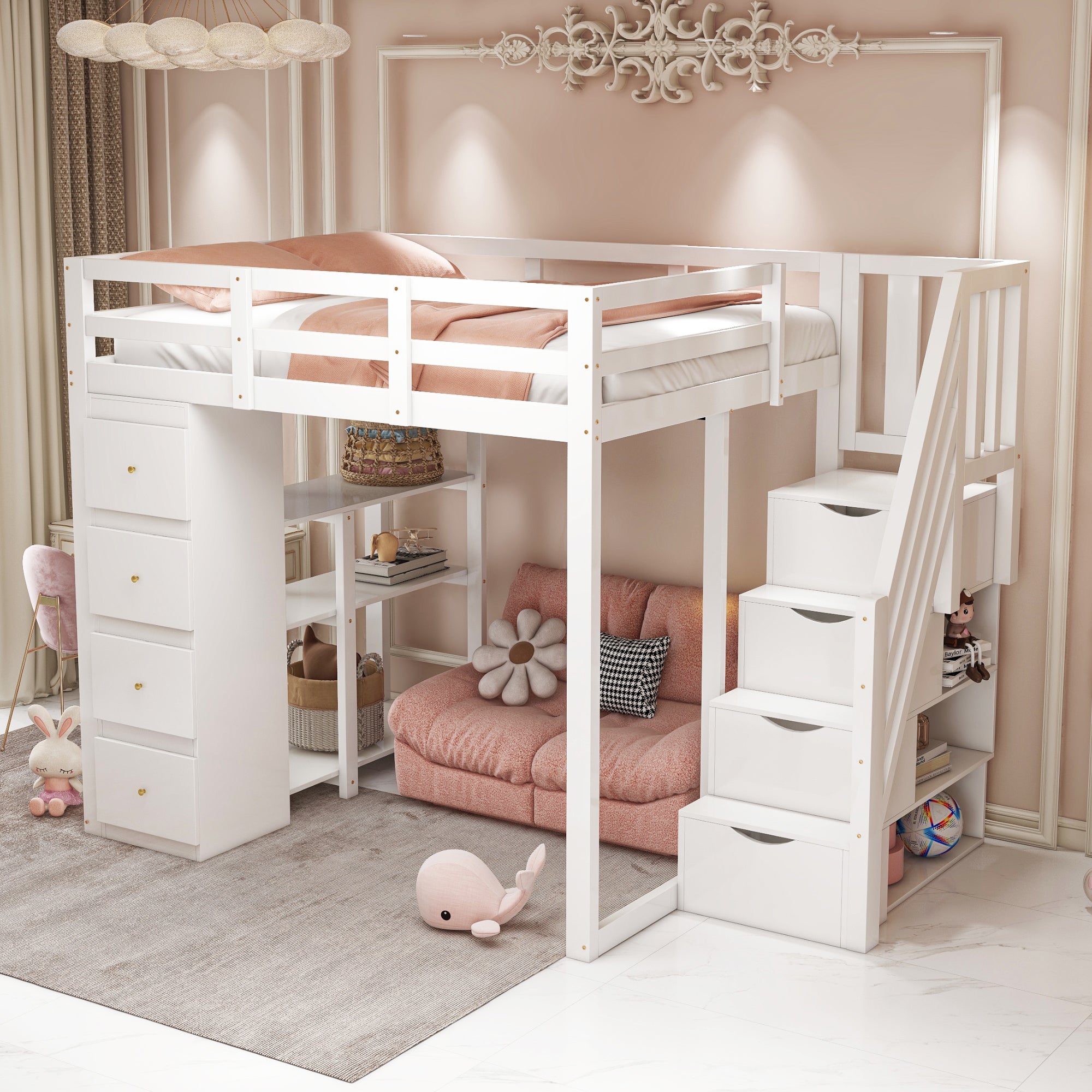 Letto a soppalco 140 x 200 cm con cassettiera, 4 cassetti su scale e ...