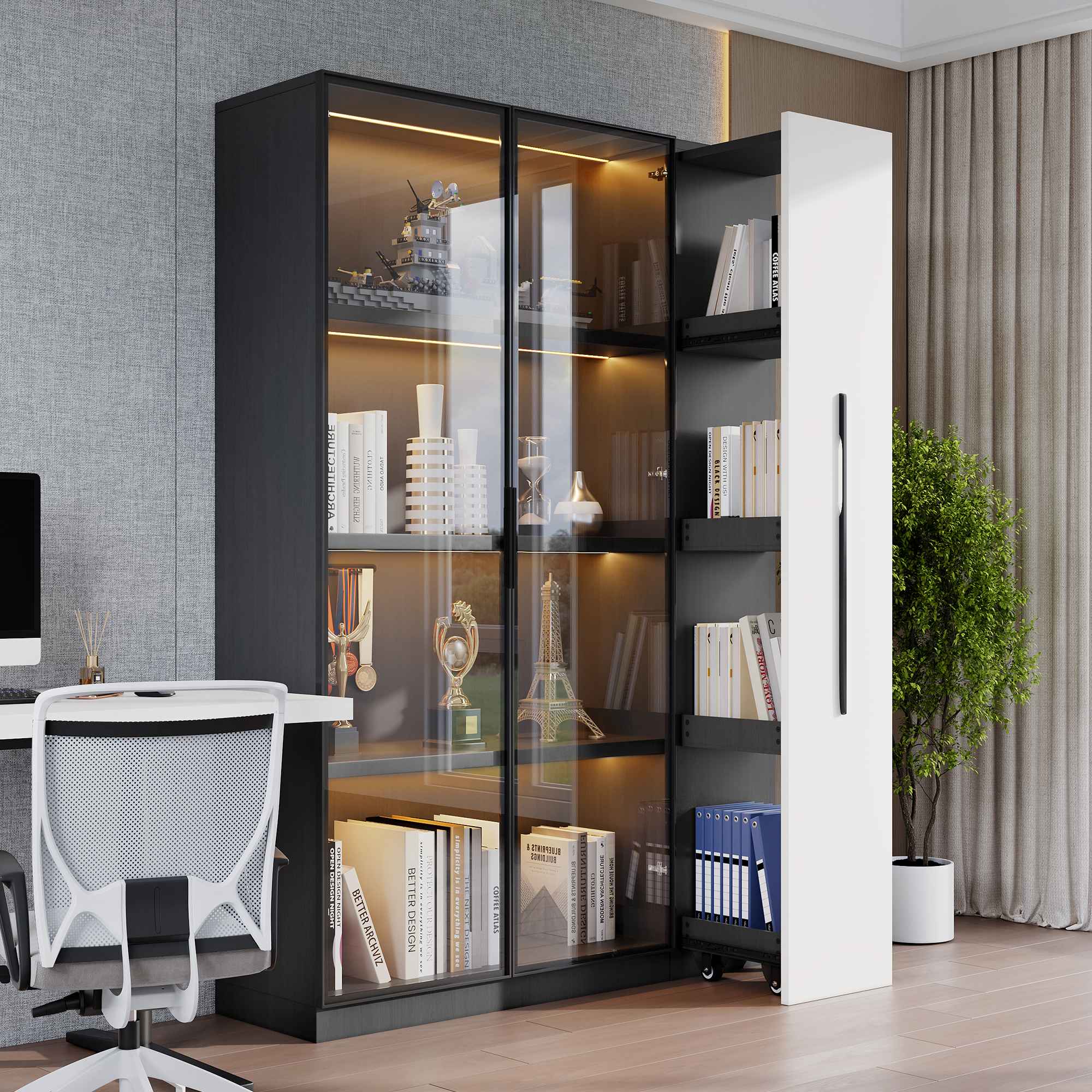 Credenza vetrina LED bianca e nera 2-in-1 con scaffale estraibile ...
