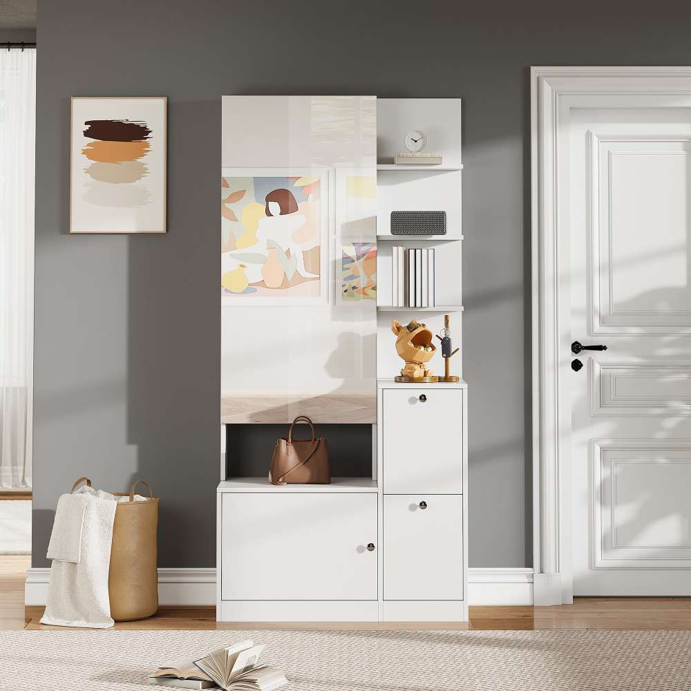 Armario Alto con Espejo y Zapatero de 85x40x180 cm, Blanco, Mueble ...