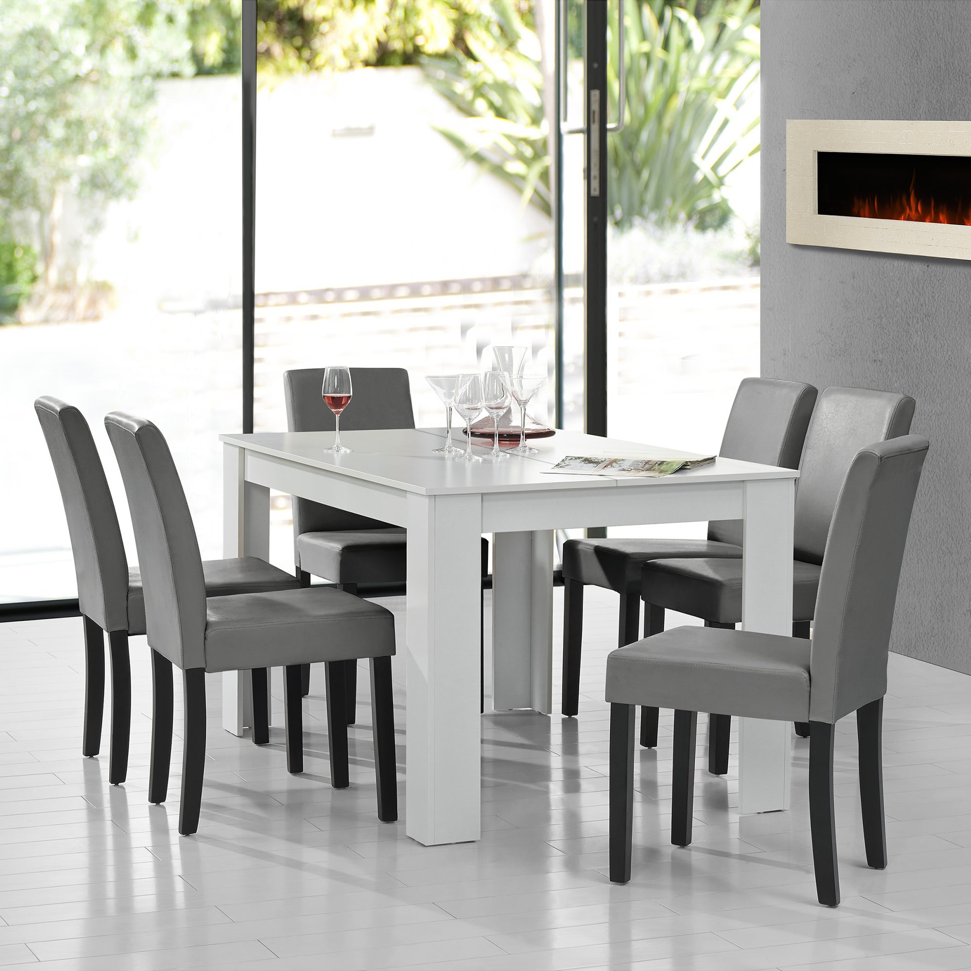 Set Pranzo con Tavolo 140x90 cm e 6 Sedie in Similpelle - Bianco ...