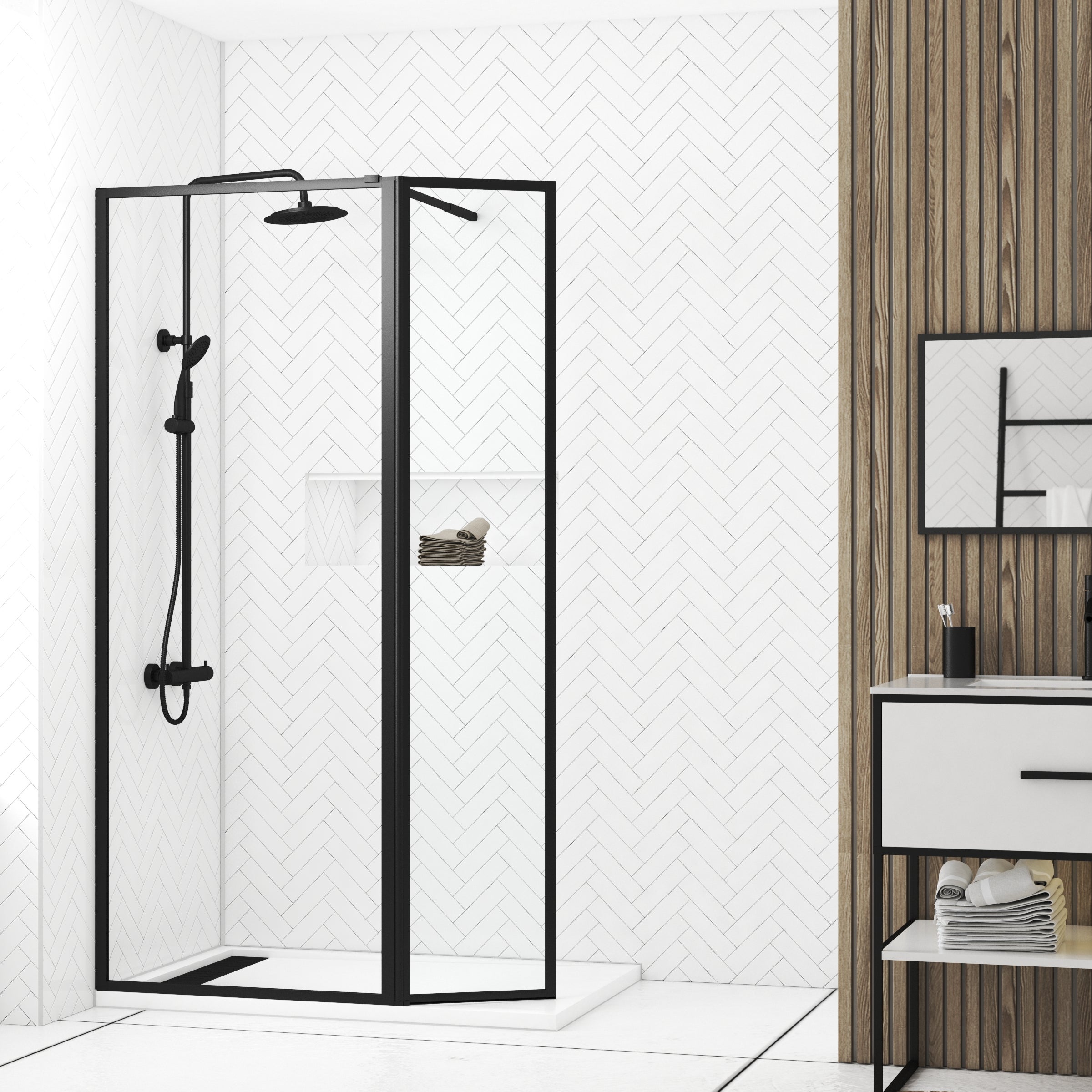 Paroi de Douche avec Volet Pivotant - Cadre et Bras Alu. NOIR MAT - 80 ...
