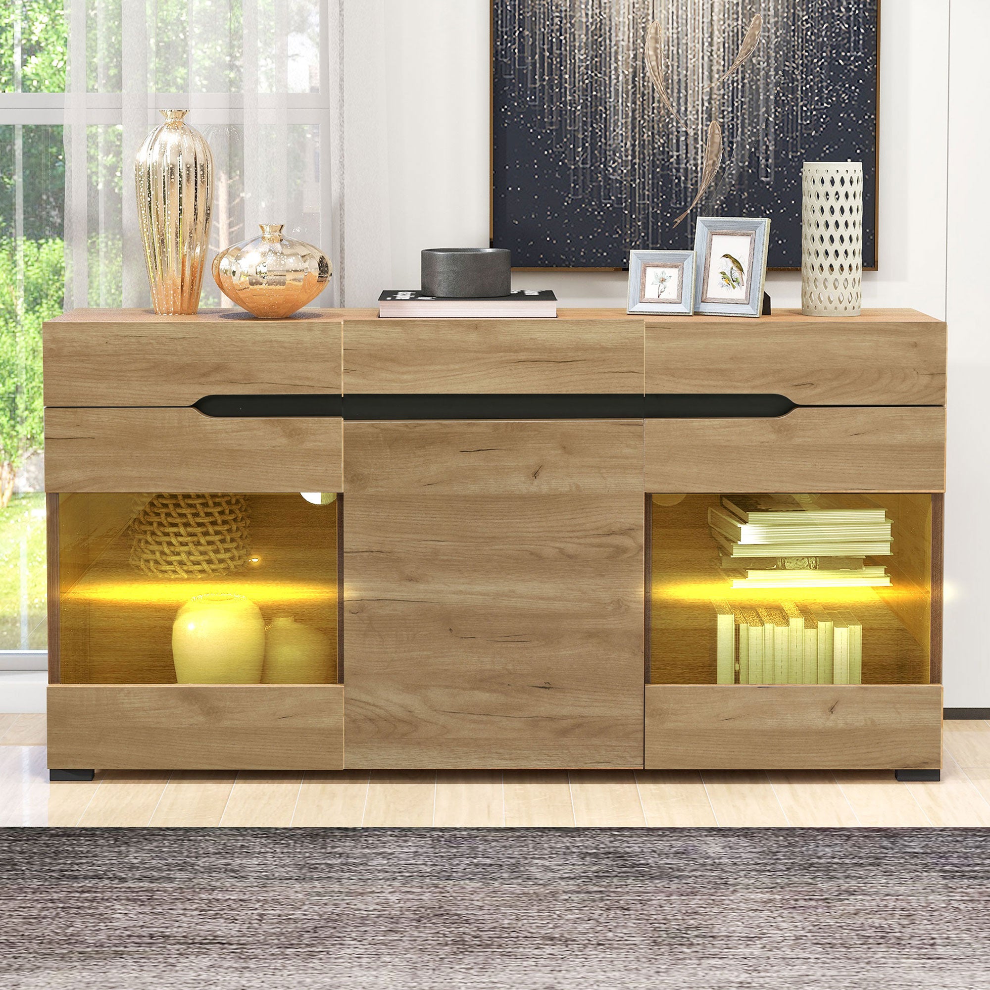 Buffet bas avec 3 portes 3 tiroirs - meuble de salon moderne - LEDs ...