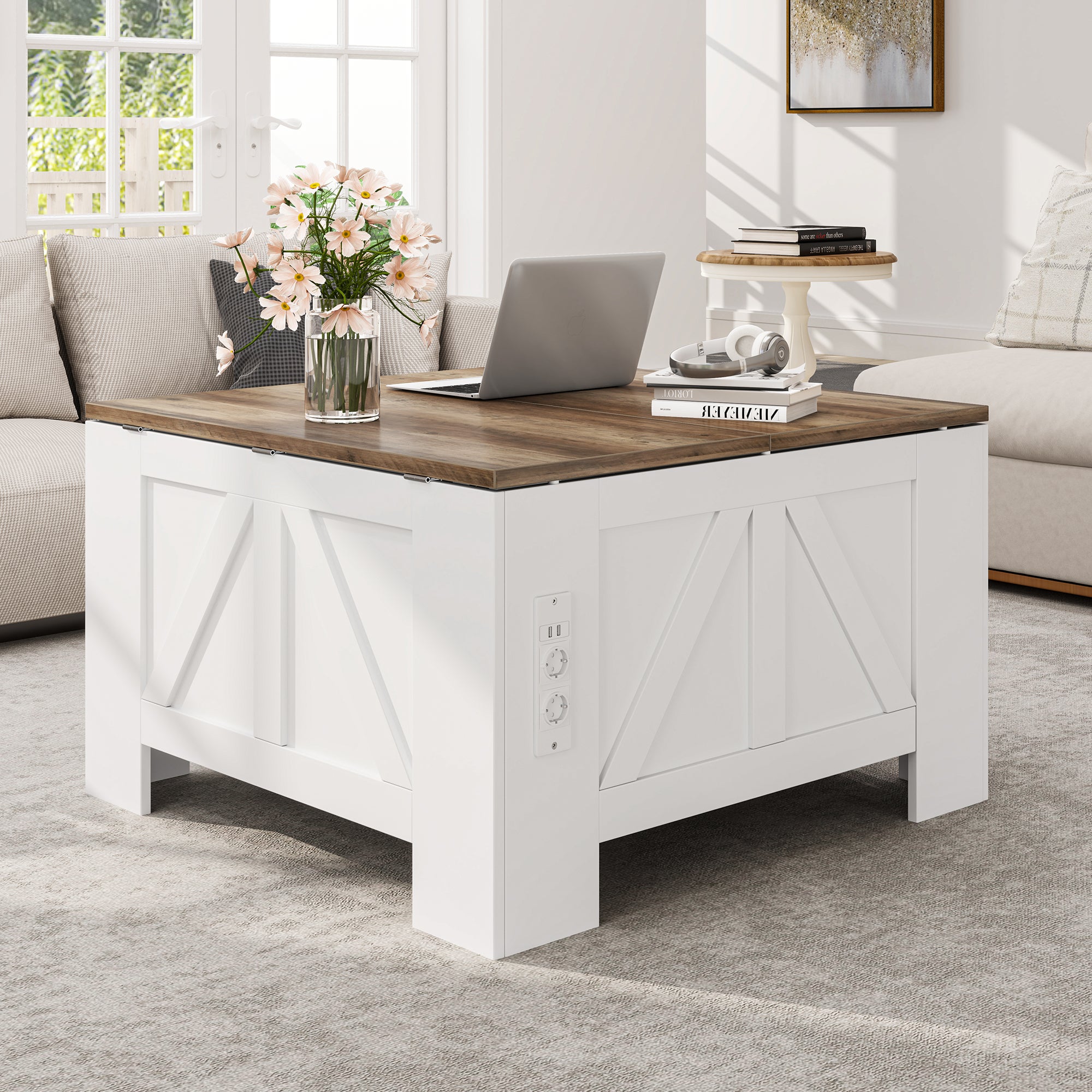 Mesa de centro Balconera con tablero elevable -80*80*49.5~64cm-Blanco ...