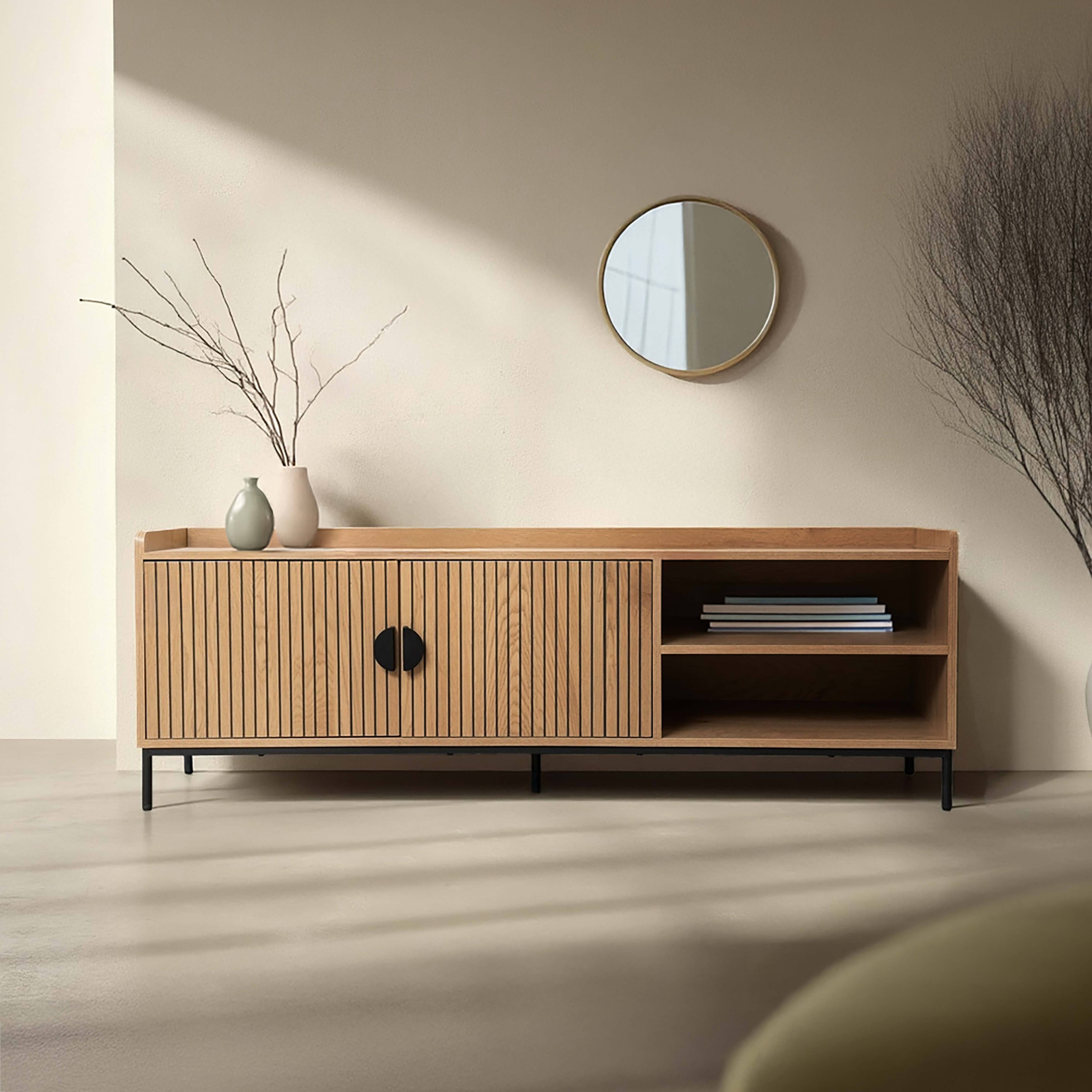 Meuble TV en acier et MDF décor mélaminé 150 cm beige | Leroy Merlin