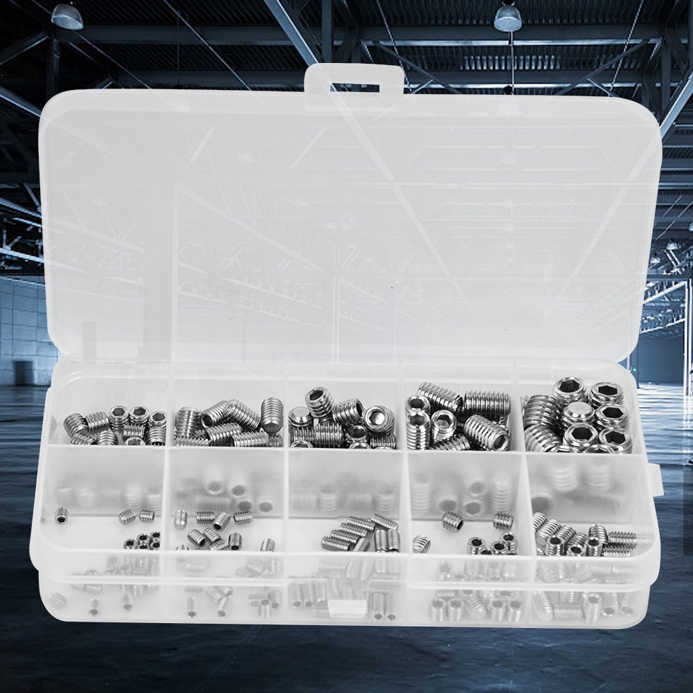 Juego 245 tornillos sin cabeza inoxidable M3–M8, punta cóncava hex, caja con herramientas ...