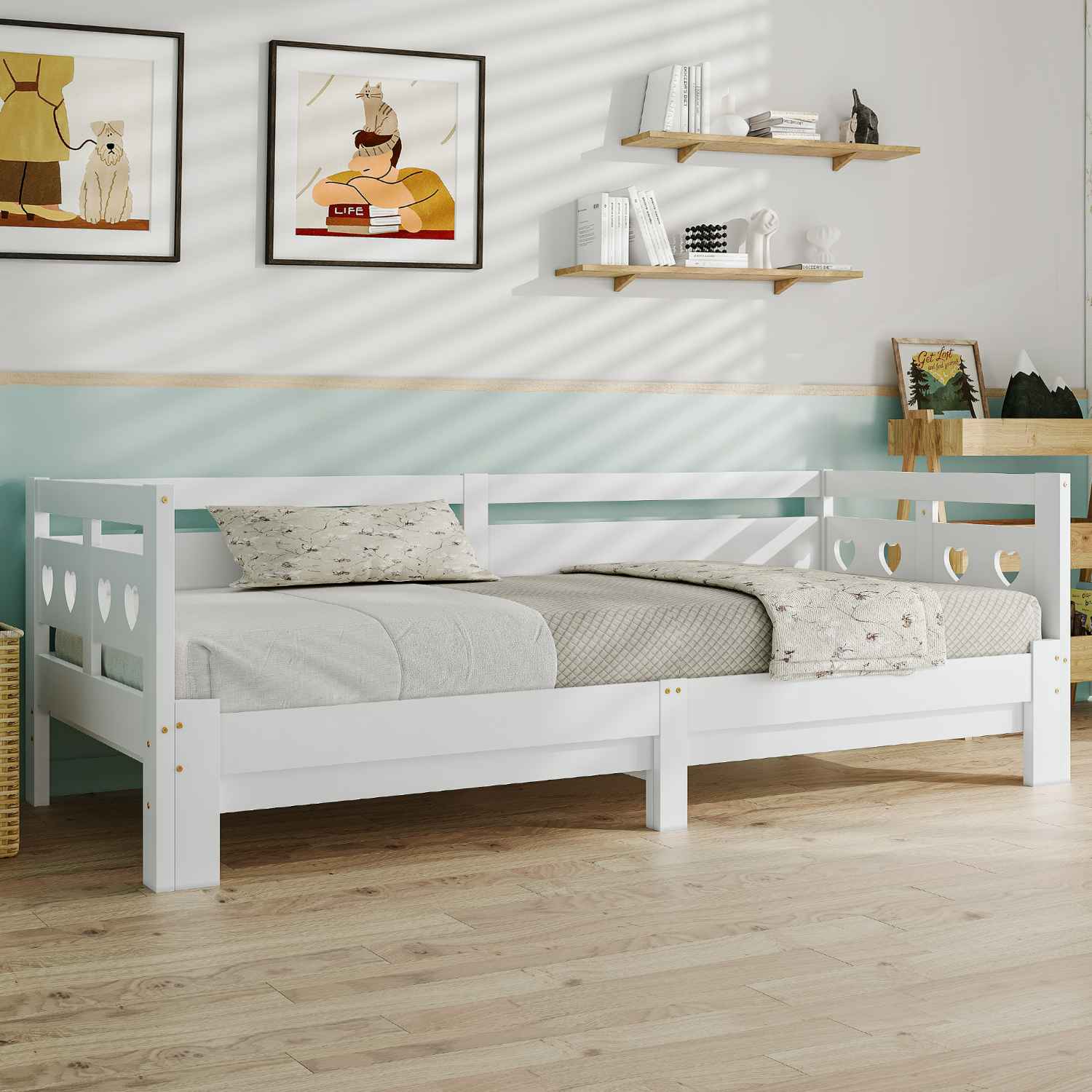 Lit banquette extensible 90x190 cm en pin massif avec sommier, cœur ...