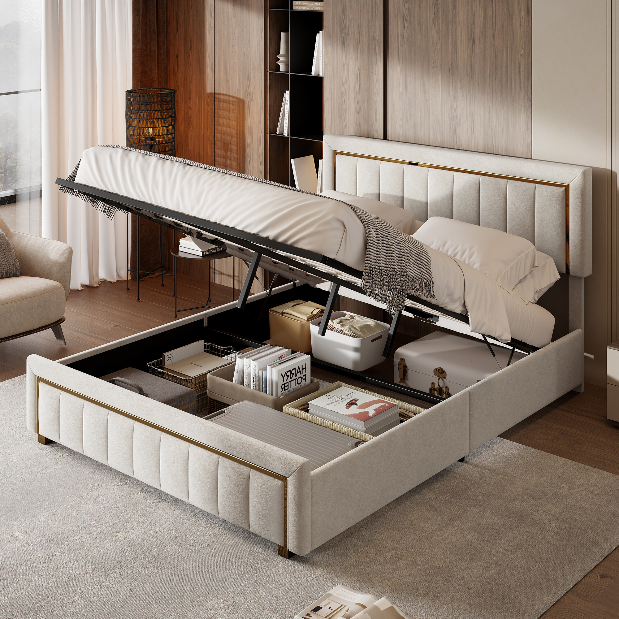 Lit coffre 160x200 cm, Lit capitonné hydraulique, structure en métal et ...