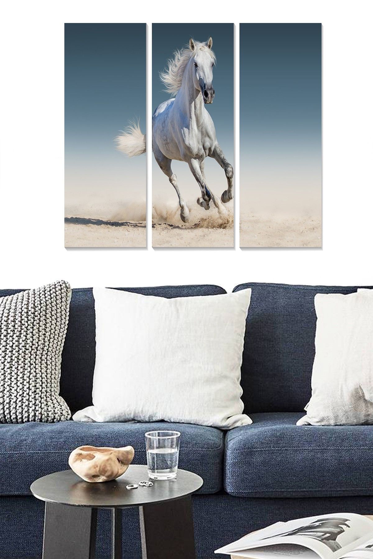 Triptyque Fabulosus L70xH50cm Motif Cheval à l'amble Blanc et Bleu ciel ...