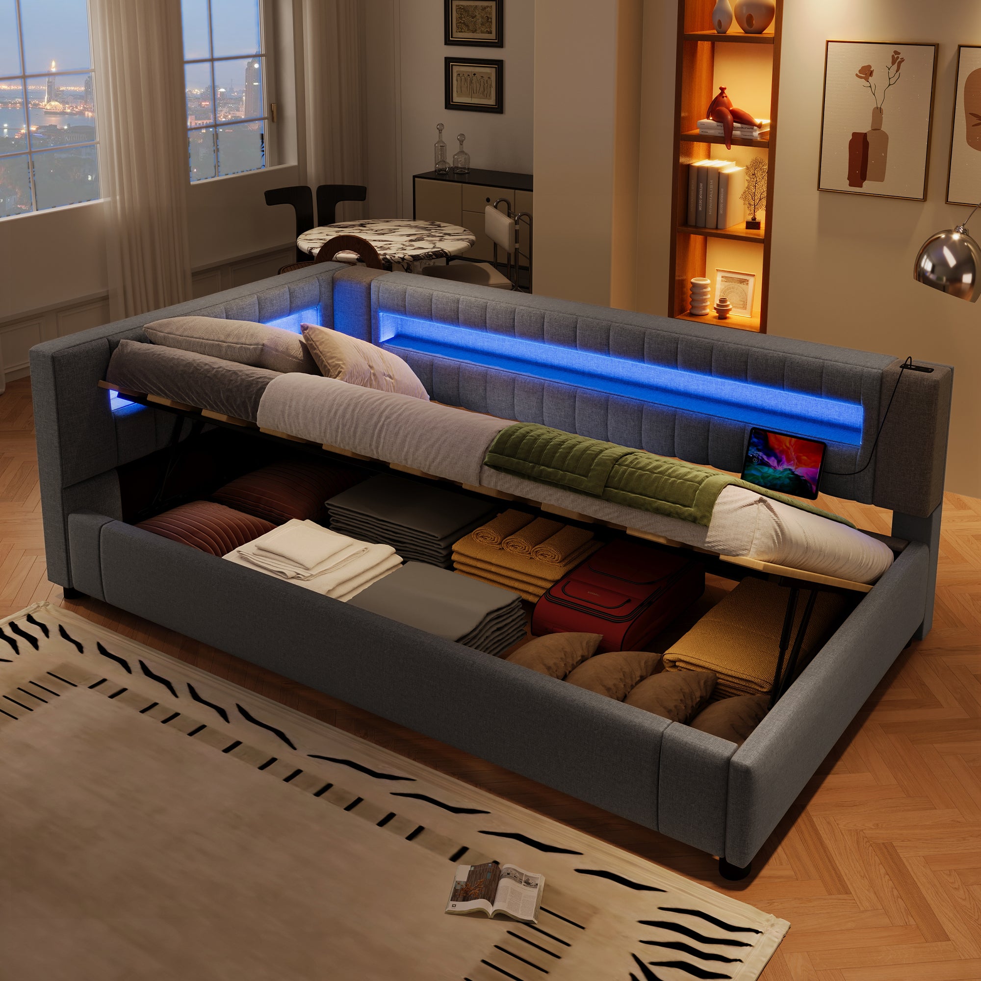 Lit jour canapé-lit 90x200 bande LED bout lit rangement hydraulique ...