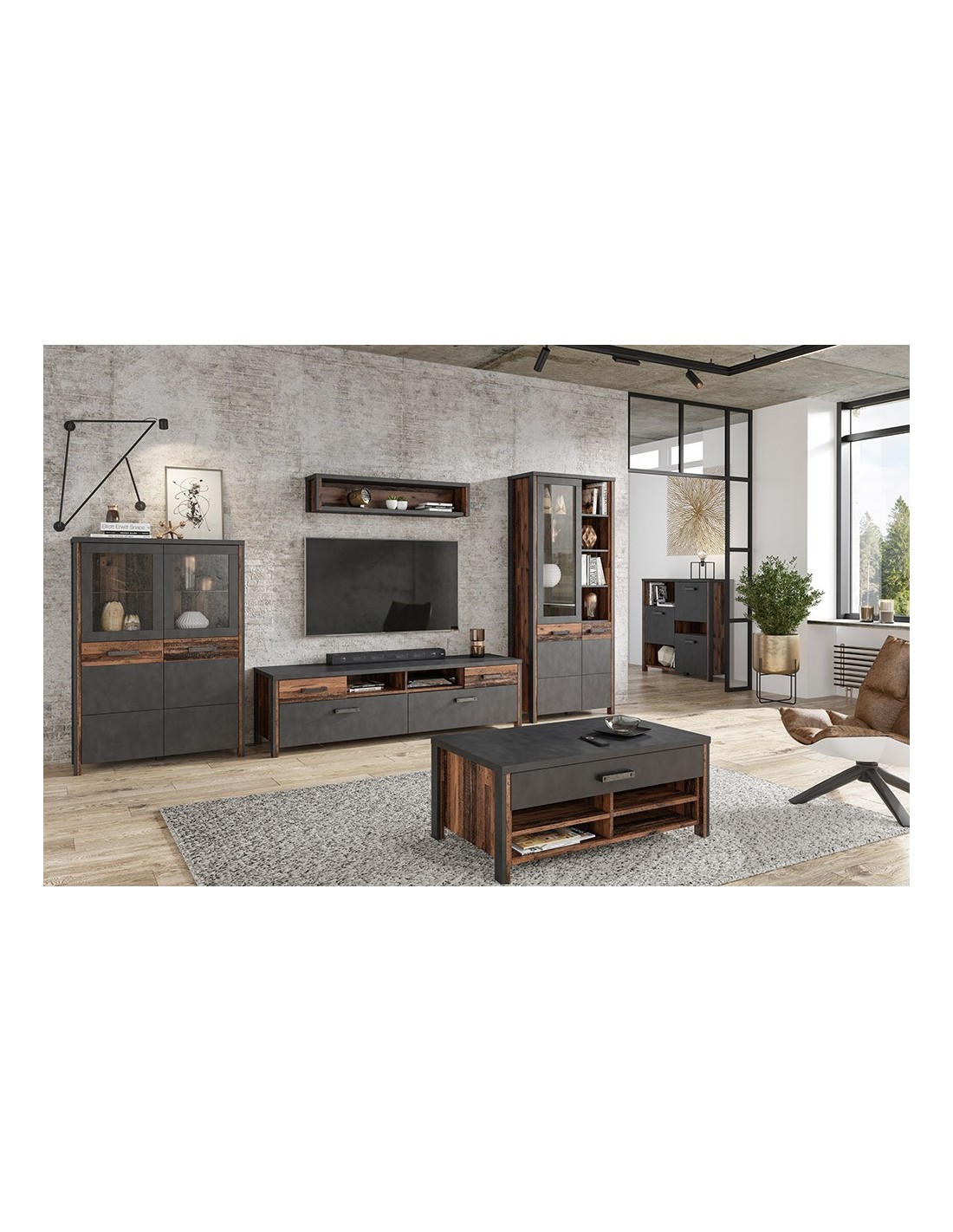 Ensemble 5 meubles de salon collection WINDSOR. Coloris gris anthracite ...
