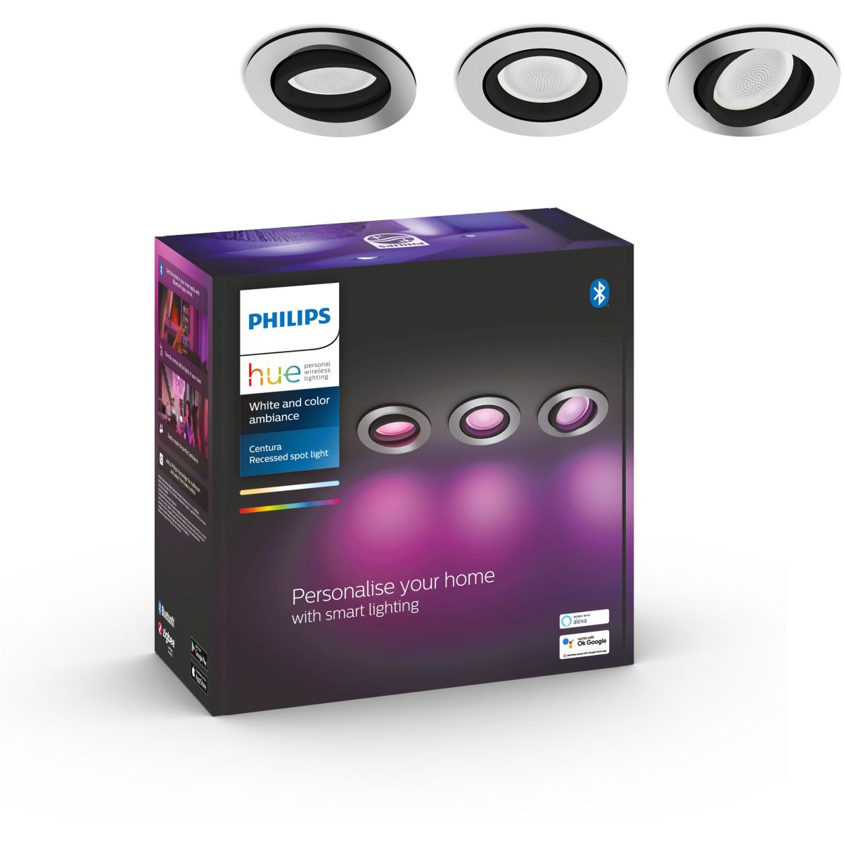 Pack PHILIPS HUE W&C CENTURA encastré x3 rond Alu | Leroy Merlin