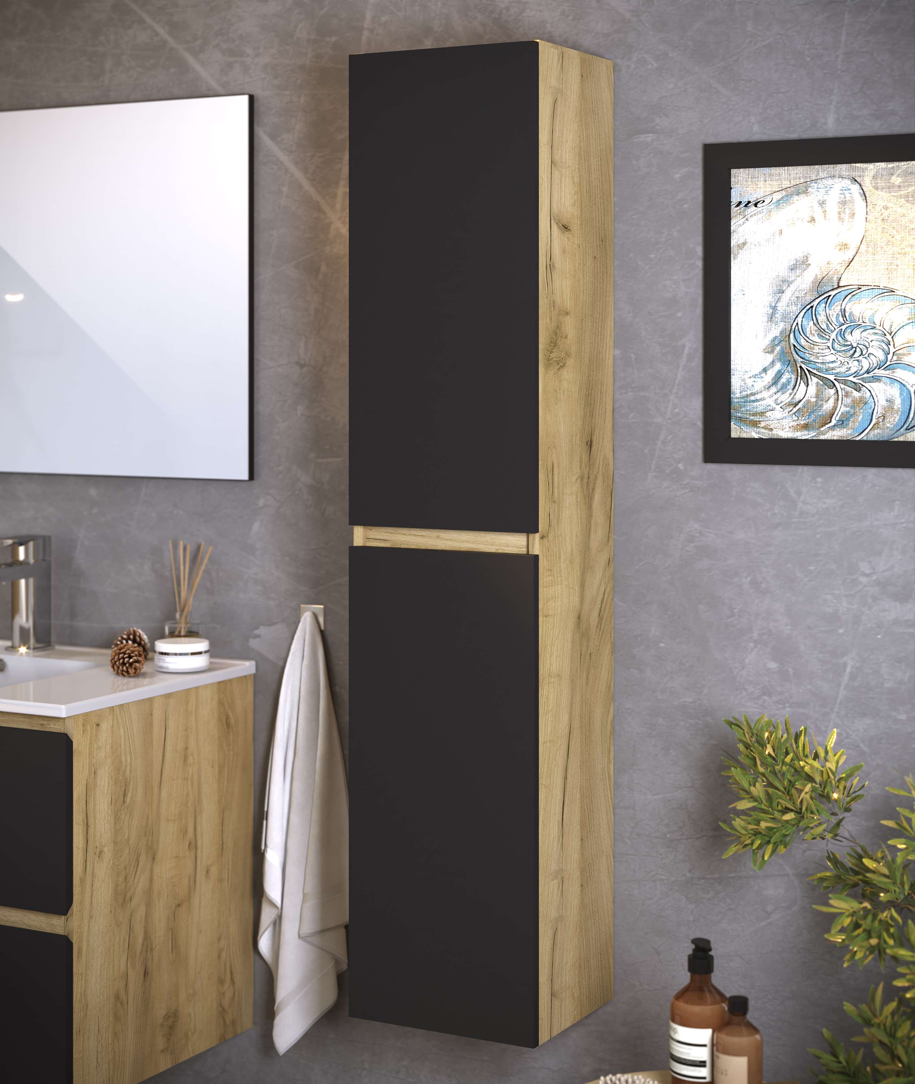 Columna de baño NELI 2 puertas 140x30x27 cm roble y negro T-BATH ...