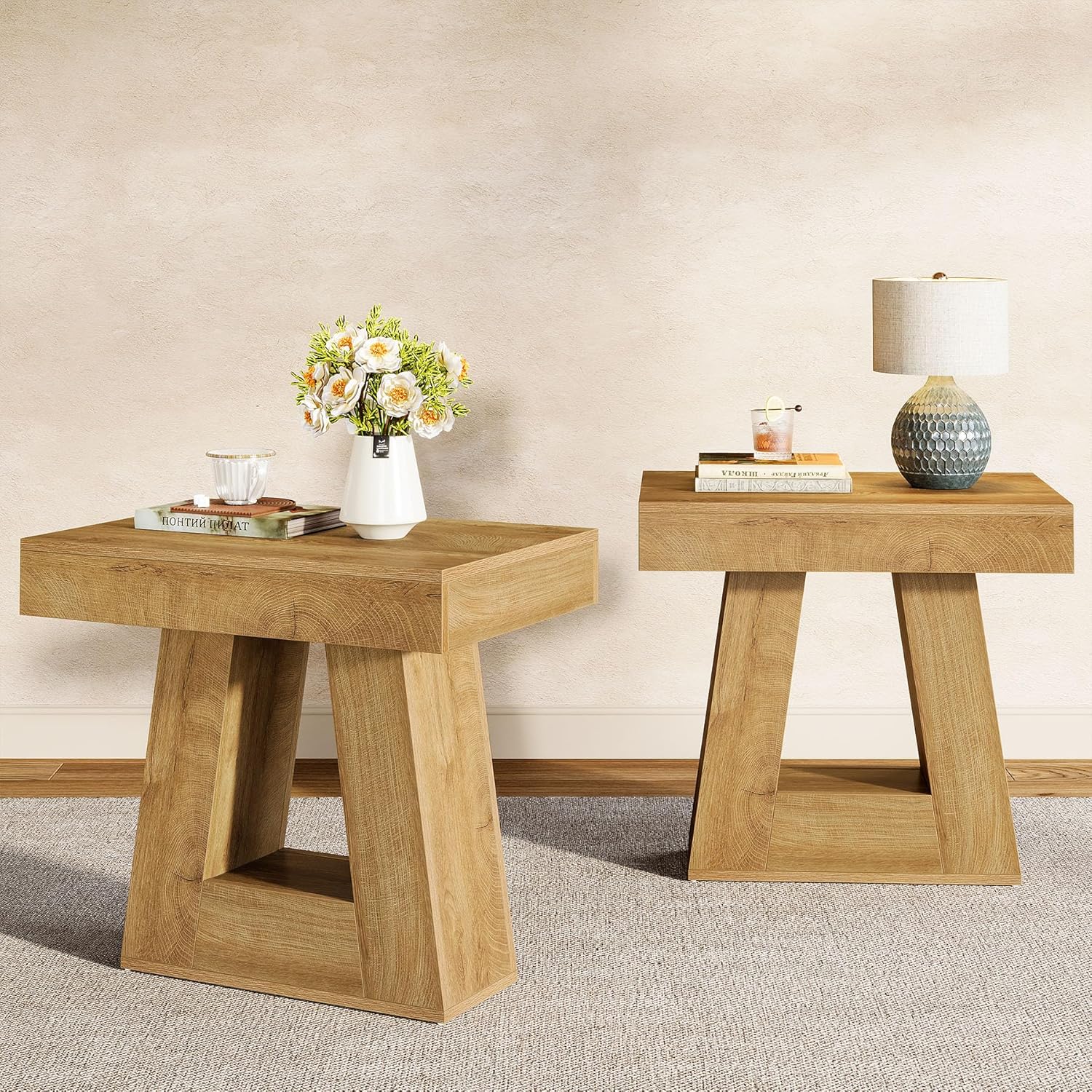 Tribesigns Lot de 2 Tables d'Appoint 60 cm en Bois Naturel, Design à 2 ...