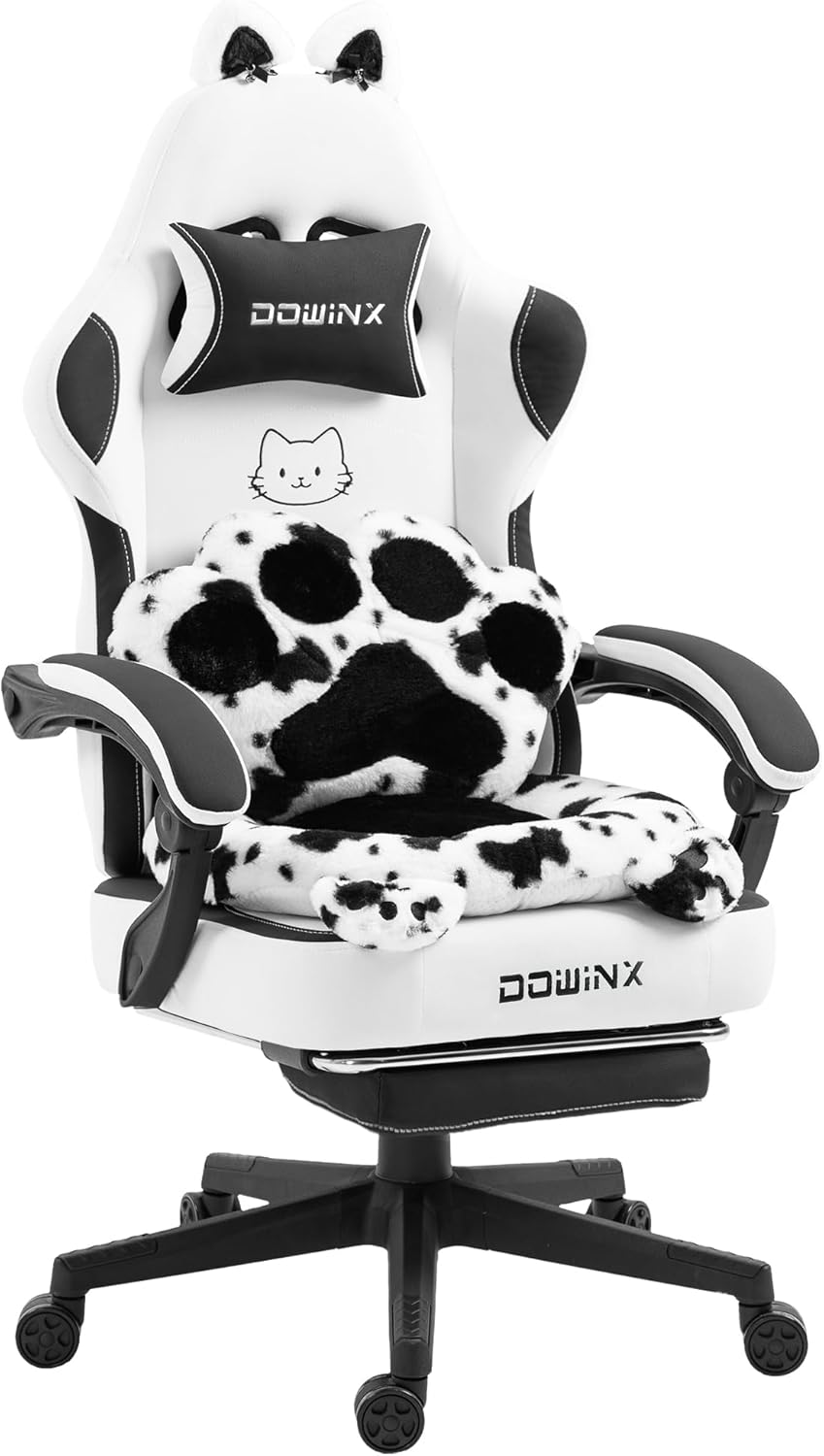 Dowinx Chaise gaming ergonomique en tissu noir et blanc Repose-pieds ...