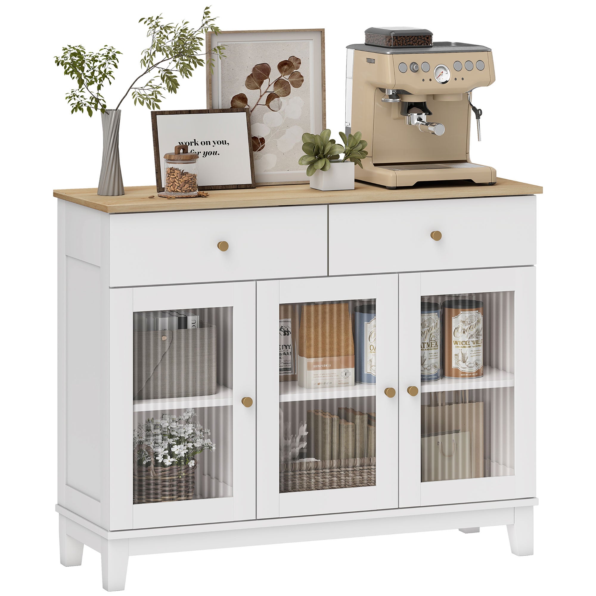 Buffet cuisine 2 tiroirs 2 placards portes vitrées bois 100x35x80,3 cm ...