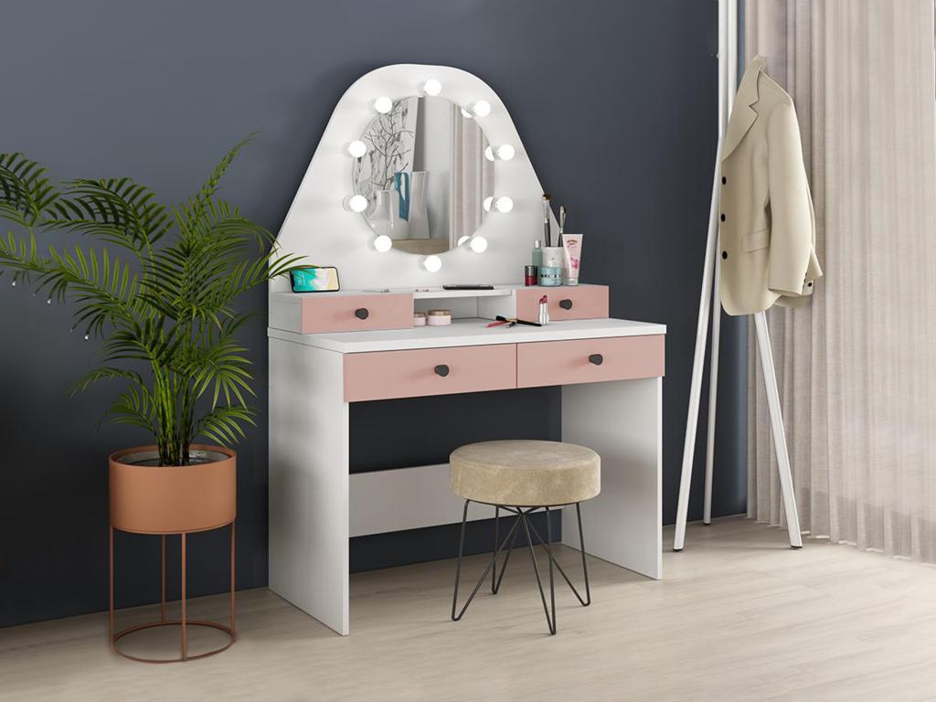 Tocador GABRIELA - Espejo con luces LED y compartimentos - Blanco y ...