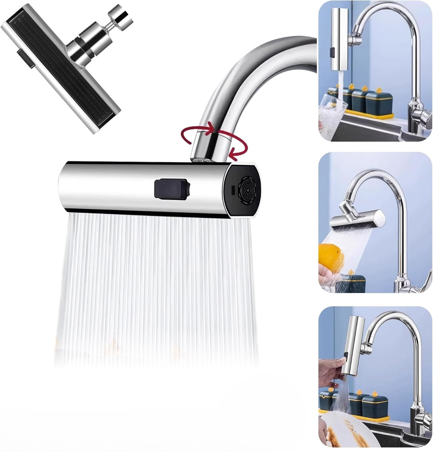 Robinet de cuisine cascade, rotatif à 360°, 3 modes de pulvérisation ...