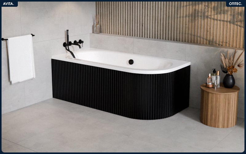 Baignoire asymétrique - 170 x 75 cm - Gauche - avec Tablier Rainuré - Siphon Chrome & Pieds ...