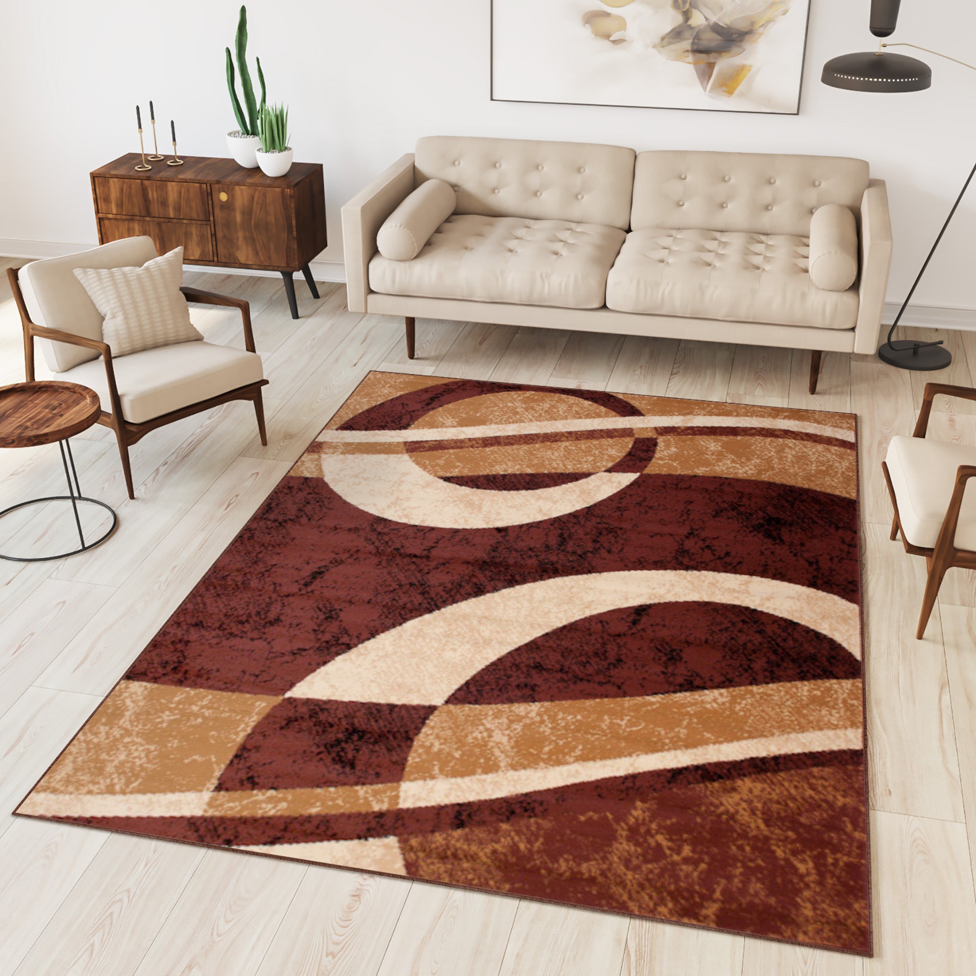 TAPISO Dream Tapis Salon Chambre Marron Beige Abstrait Cercles Vagues ...