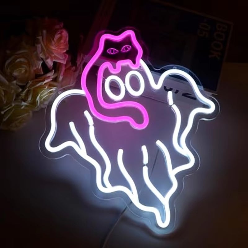 Letrero de Neón de Halloween con Gato Fantasma, Gato Rosa Cabalgando ...