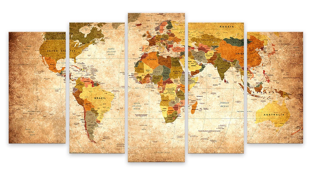 Tableau 5 parties carte du monde ton orangé - 150x80 cm | Leroy Merlin