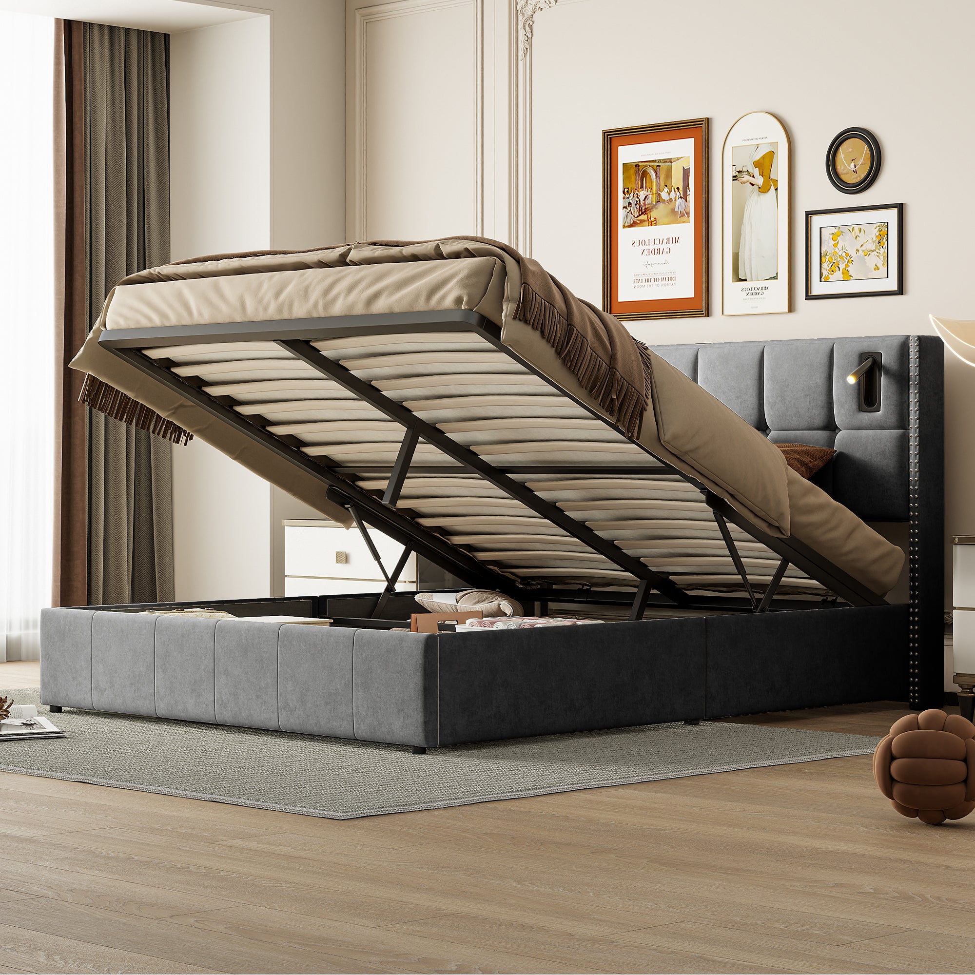 Lit Rembourré 160x200cm avec sommier à lattes & liseuses, lit coffre ...